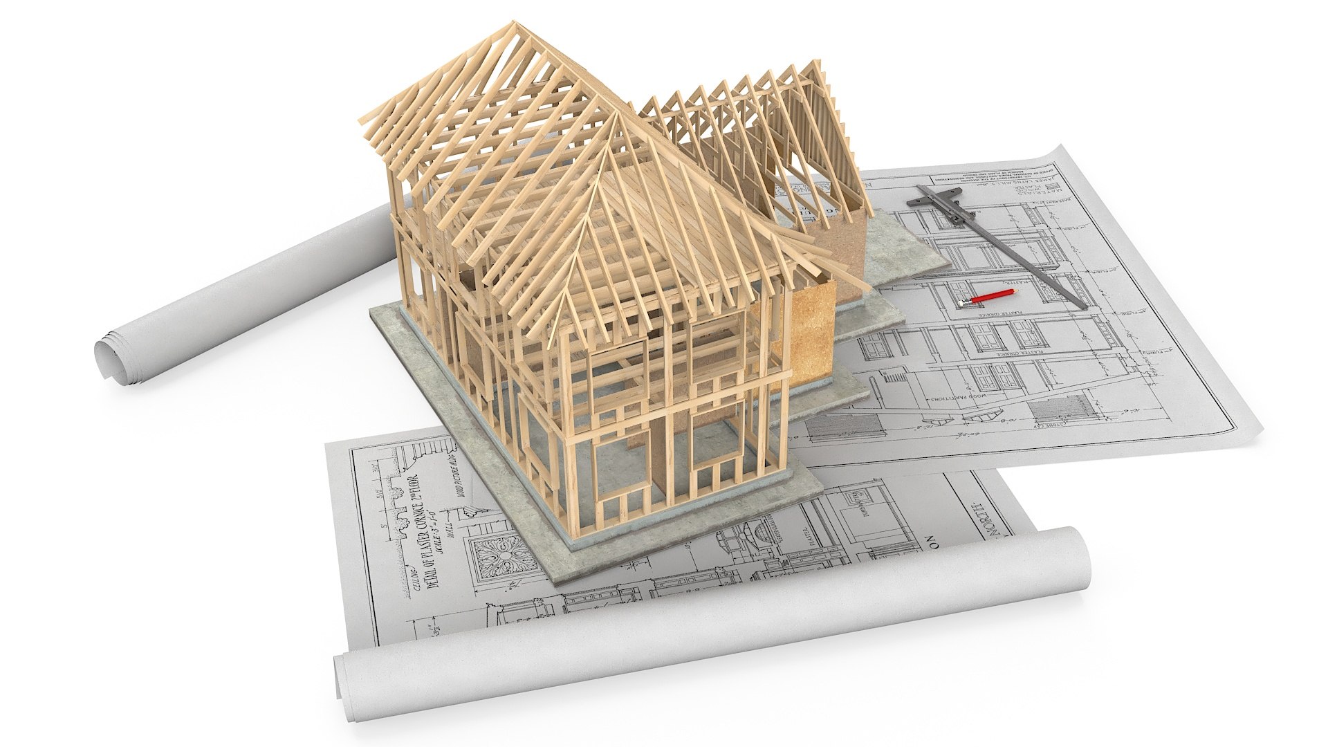 3D Construction Project With Wooden Frame And Measuring Instruments ...