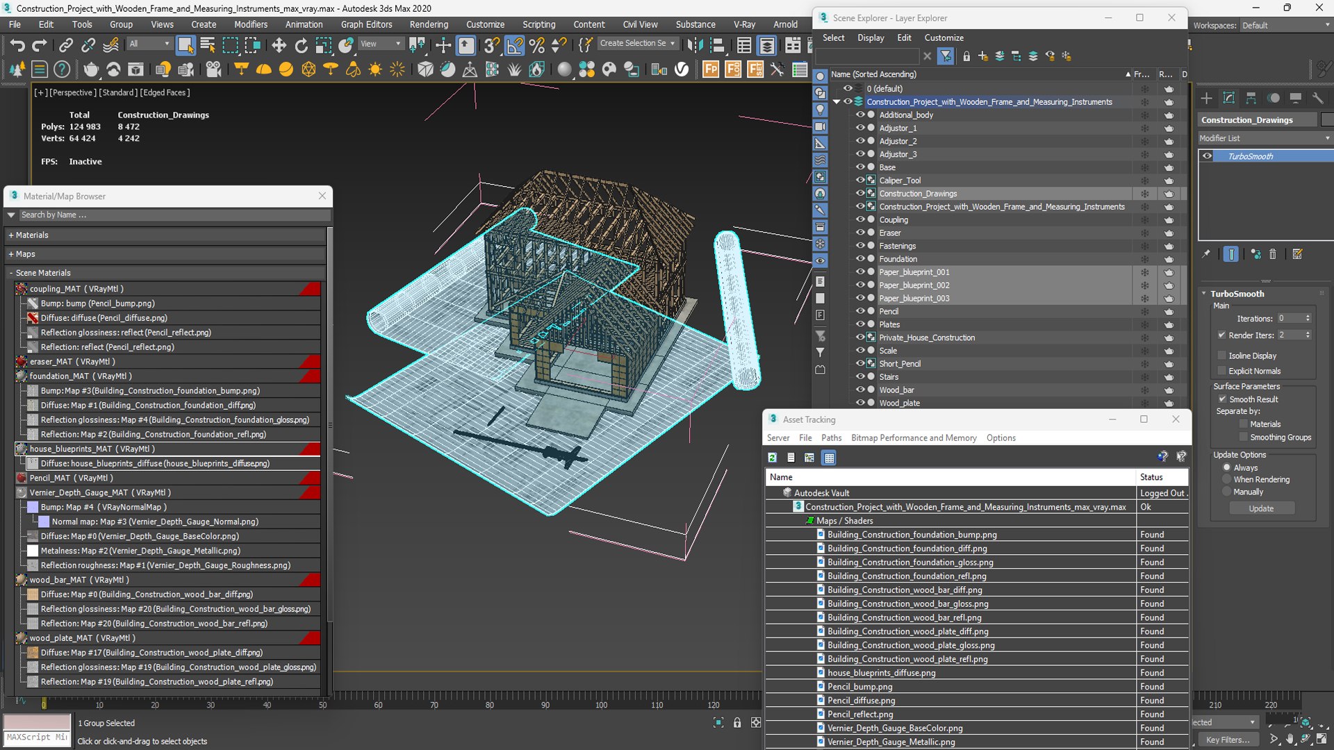 3D Construction Project With Wooden Frame And Measuring Instruments ...