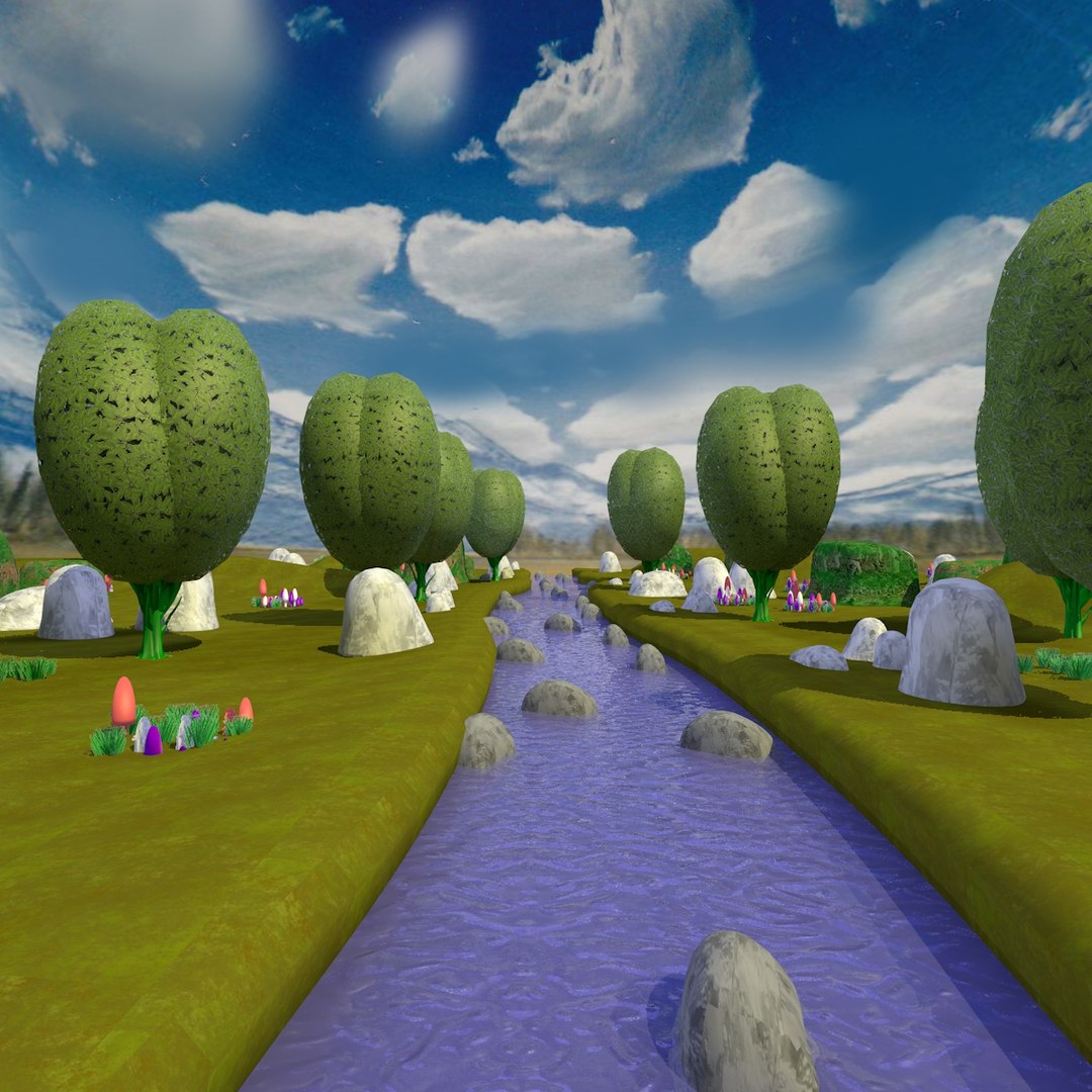 cartoon landscape stream rocks 3d model