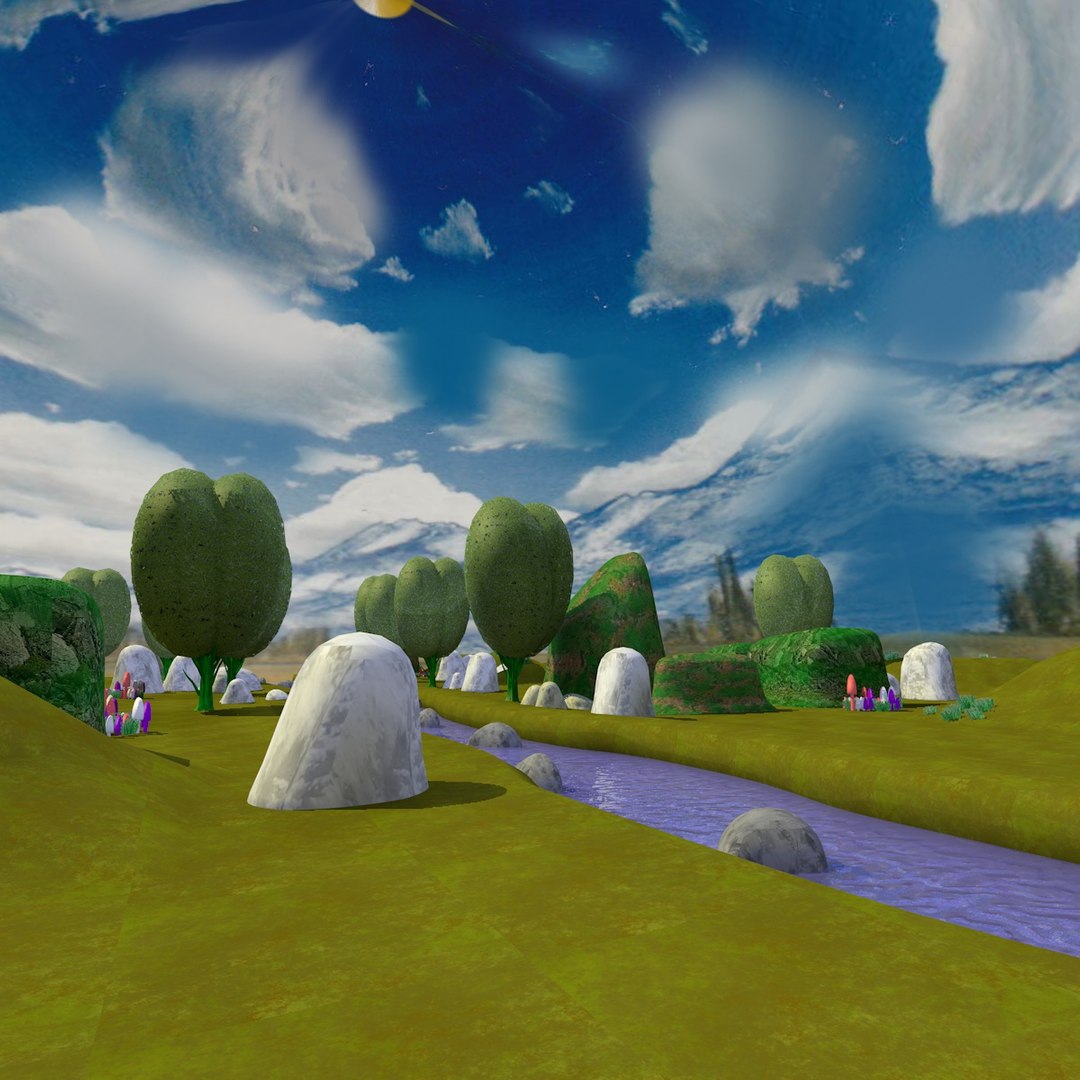 cartoon landscape stream rocks 3d model