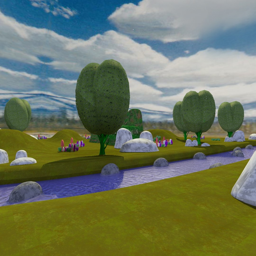 cartoon landscape stream rocks 3d model