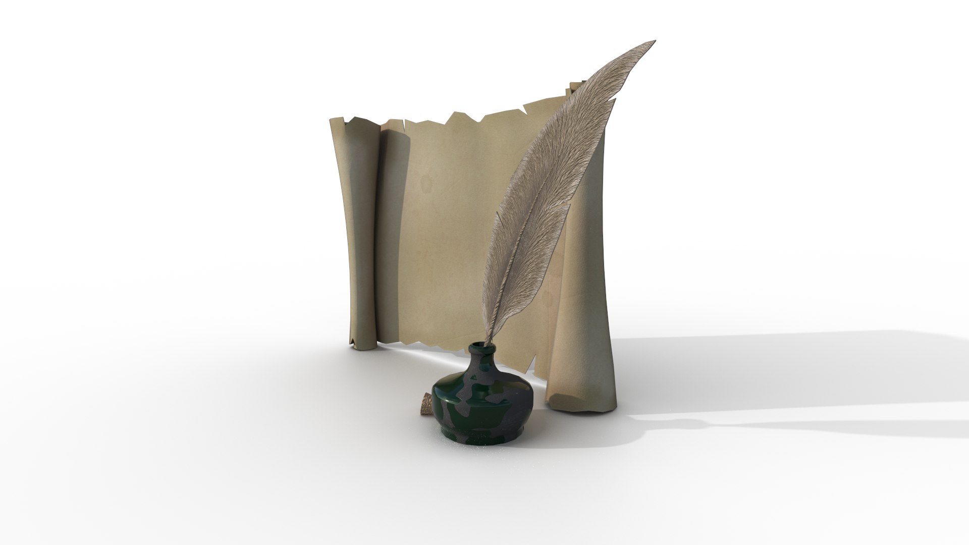 3D Set Of Papyrus And Inkwell With Stopper And Quill PBR Low-poly Low ...