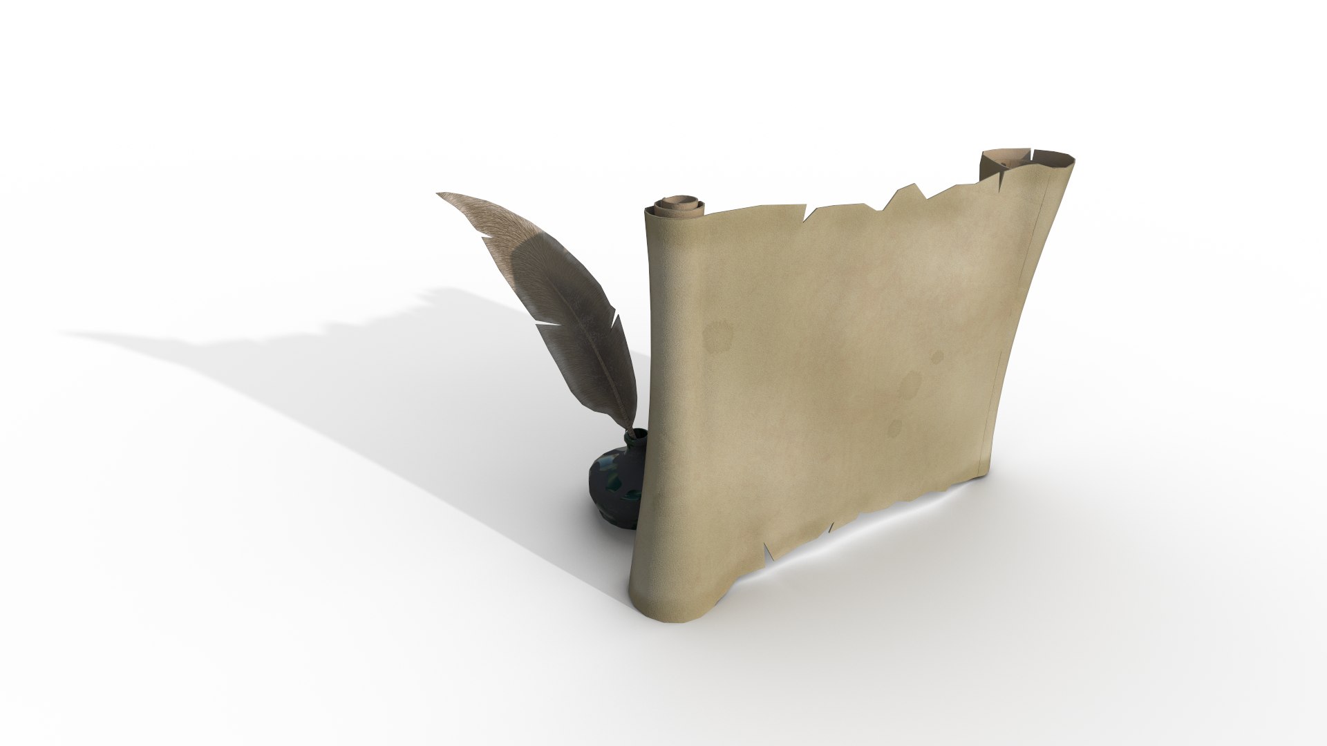 3D Set Of Papyrus And Inkwell With Stopper And Quill PBR Low-poly Low ...