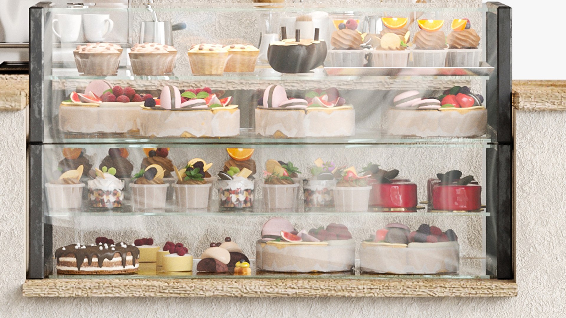 Designer coffee shop with stones and a display case with desserts 3D ...