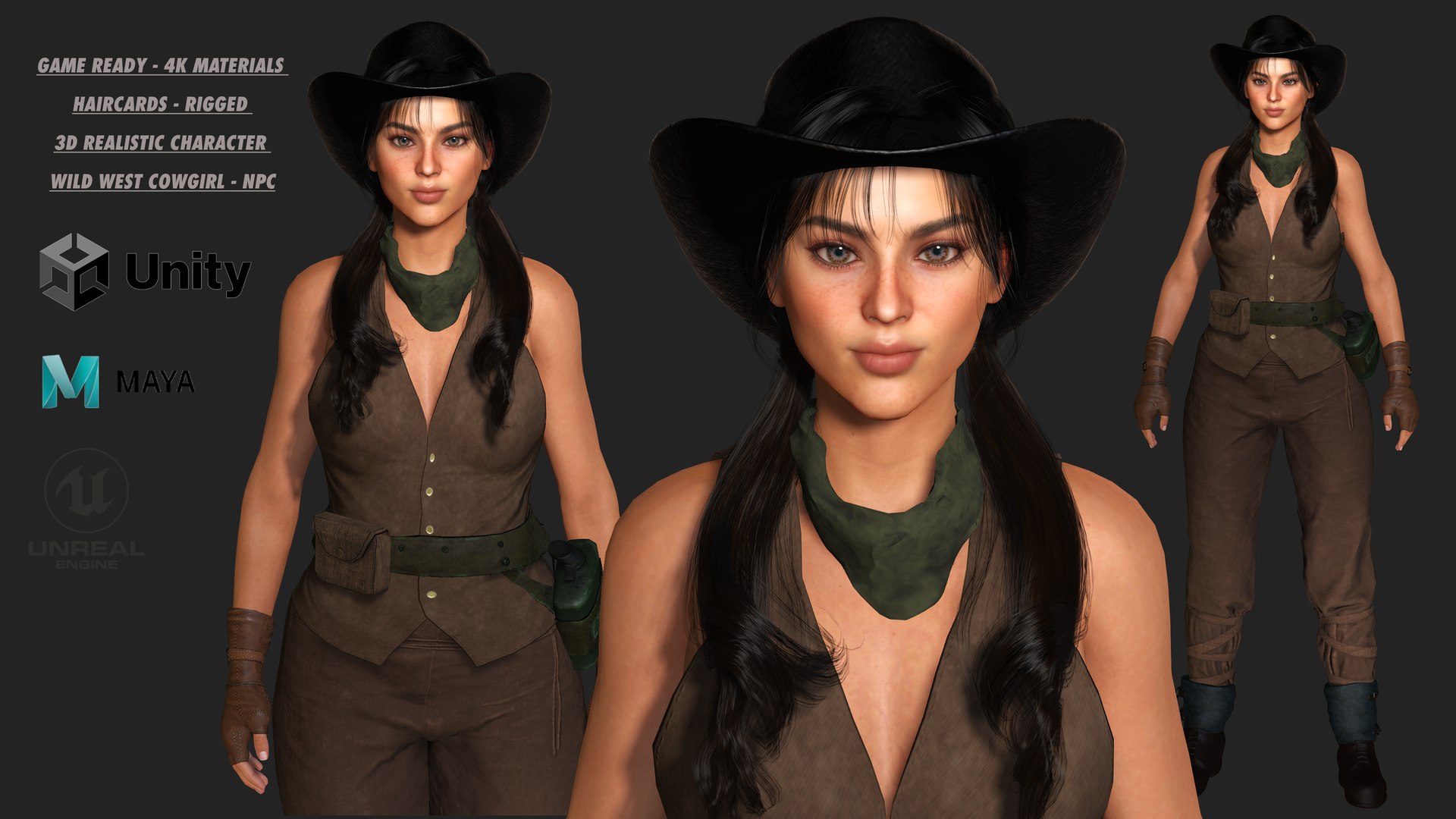 3D AAA 3D REALISTIC FEMALE CHARACTER - WILD WEST COWGIRL 02 ...