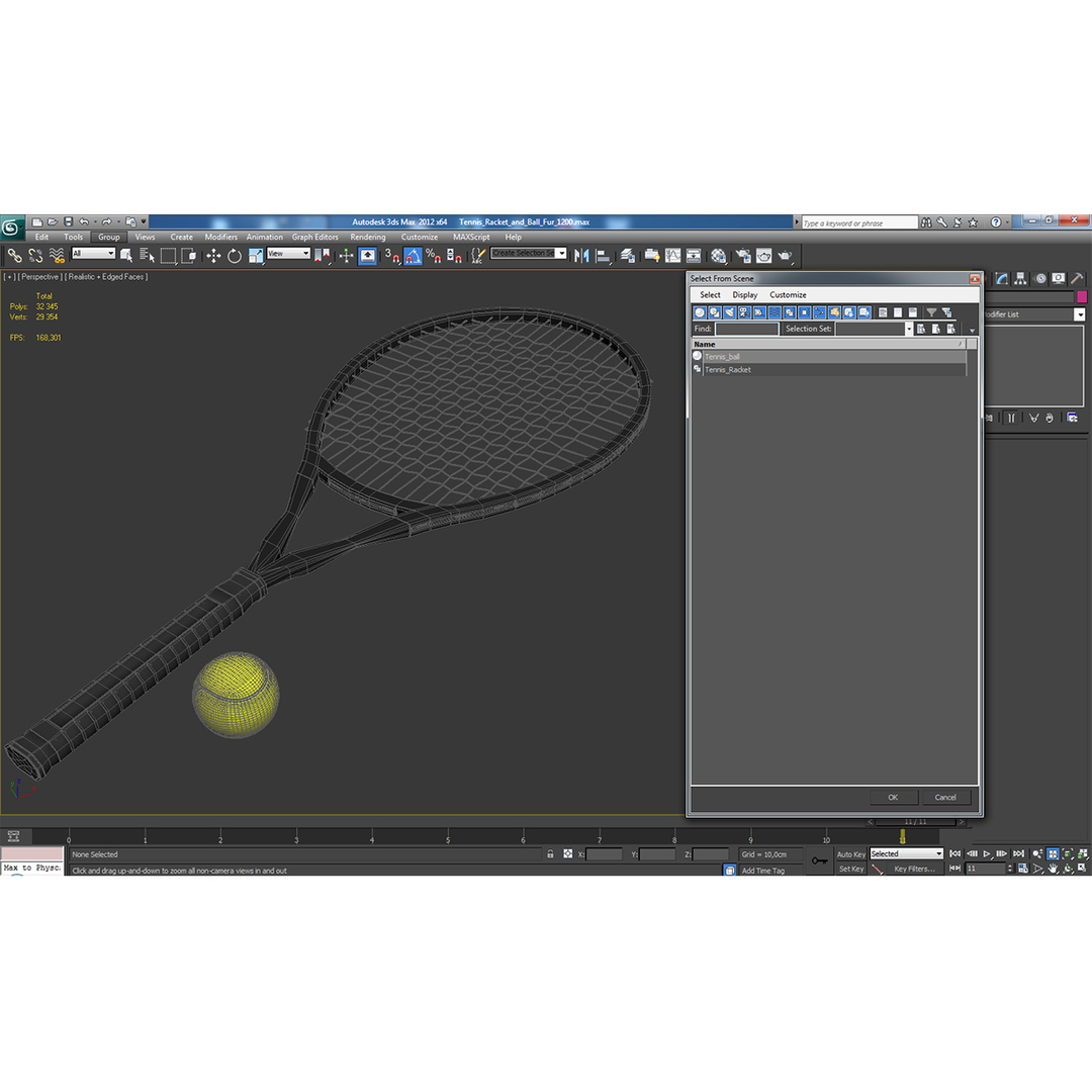 3d model tennis racket ball fur