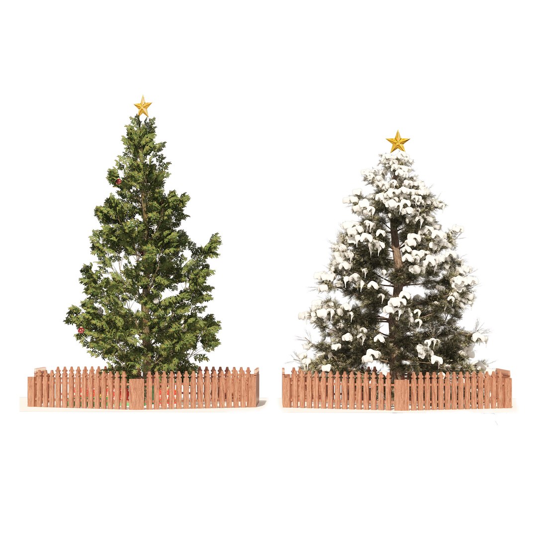 3D Outdoor Christmas Cedar Pine Trees With Wood Fence Model ...