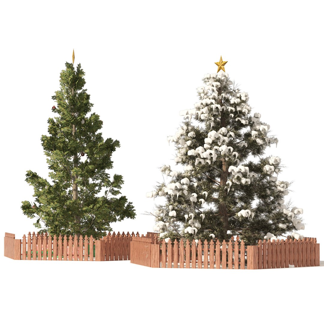 3D Outdoor Christmas Cedar Pine Trees With Wood Fence Model ...