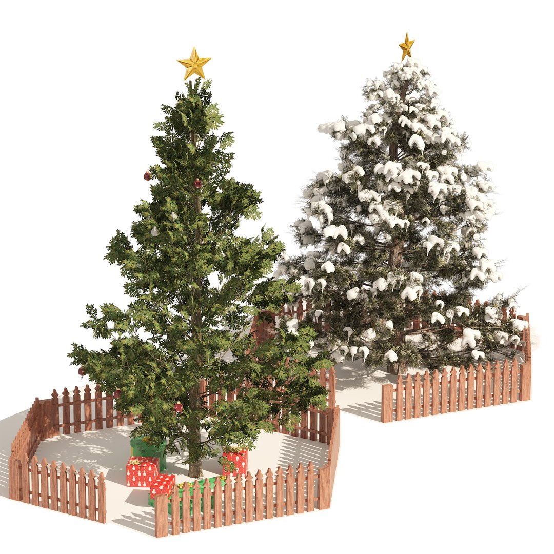 3D Outdoor Christmas Cedar Pine Trees With Wood Fence Model ...