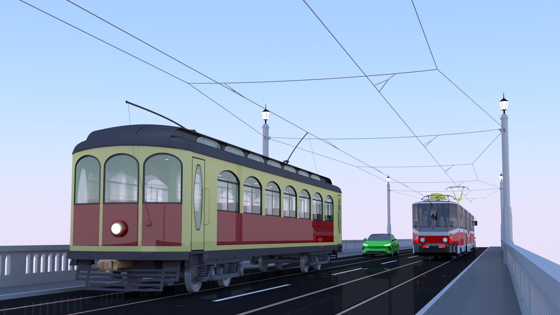 3D Bridge With Trams And Cars - TurboSquid 2176161
