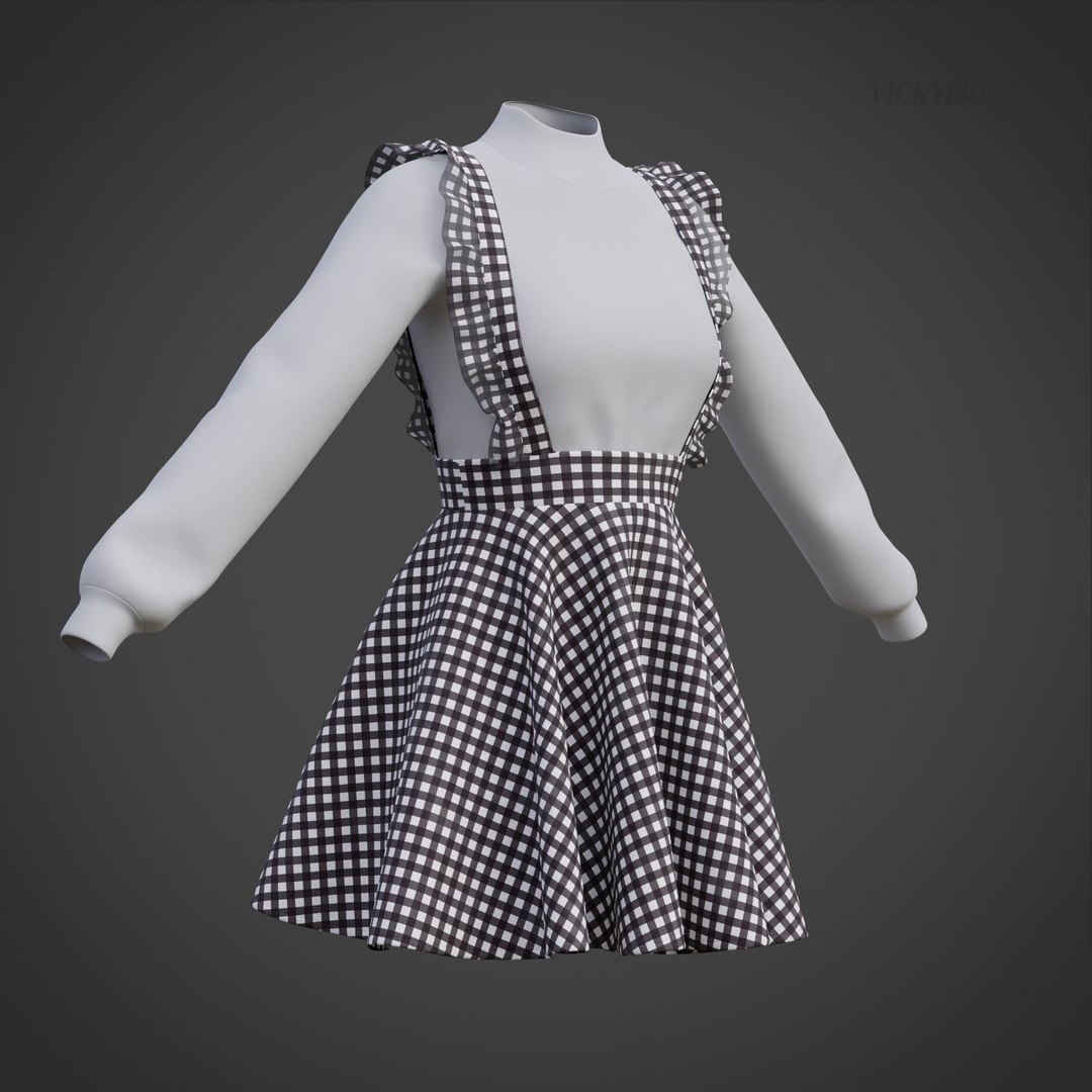 3D Model Check Pinafore Dress And Sweater - Jumper Cloth 3D Model ...