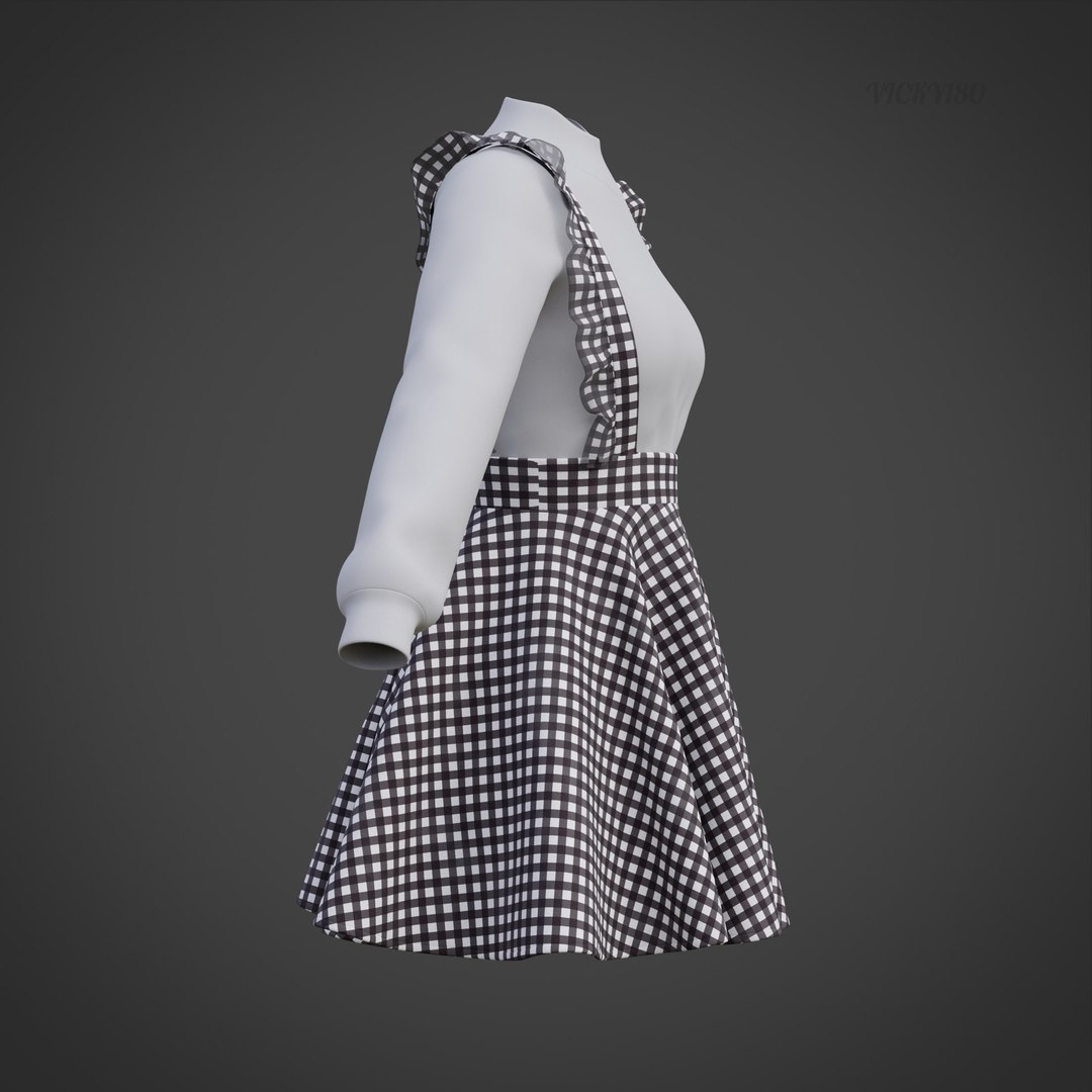 3D Model Check Pinafore Dress And Sweater - Jumper Cloth 3D Model ...