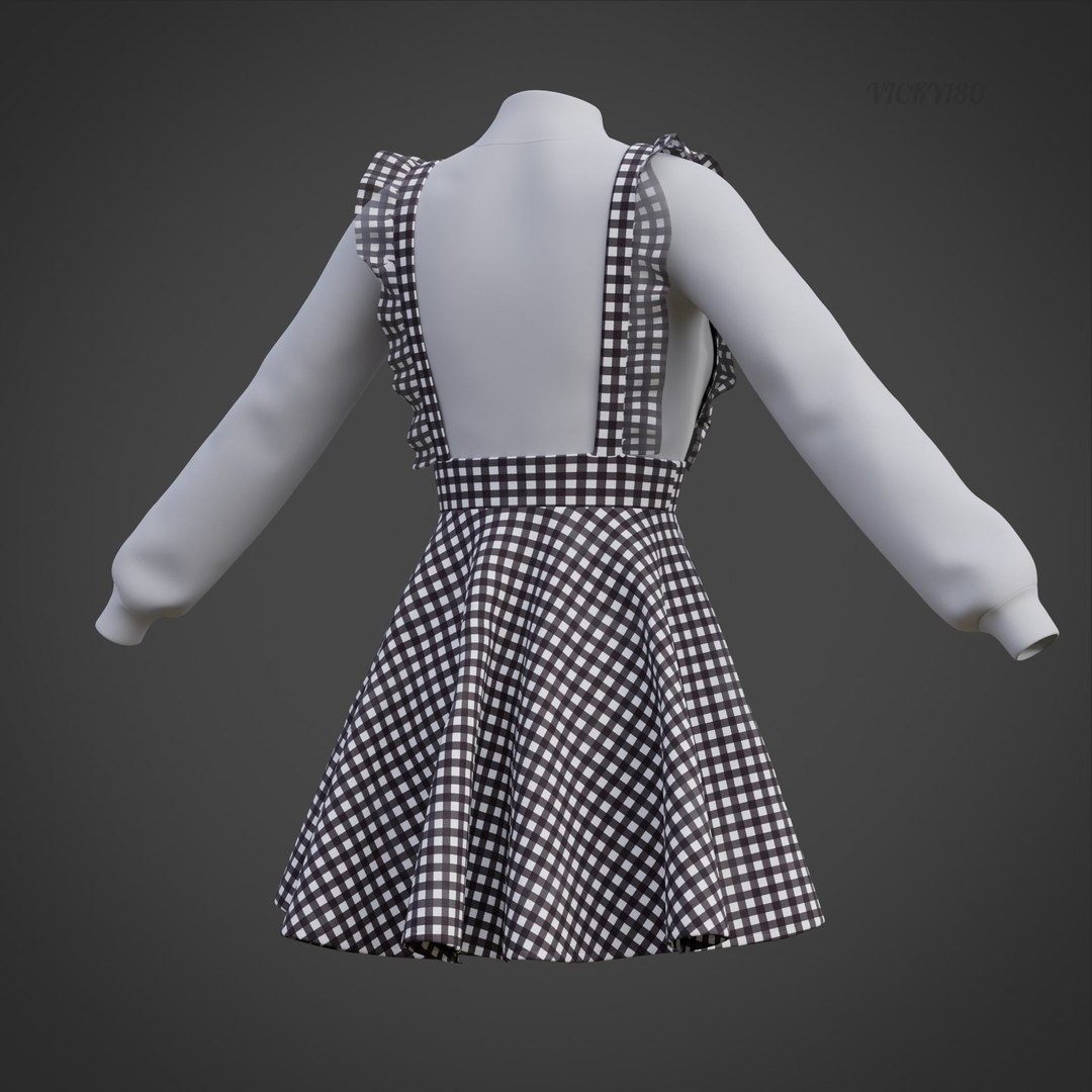 3D Model Check Pinafore Dress And Sweater - Jumper Cloth 3D Model ...