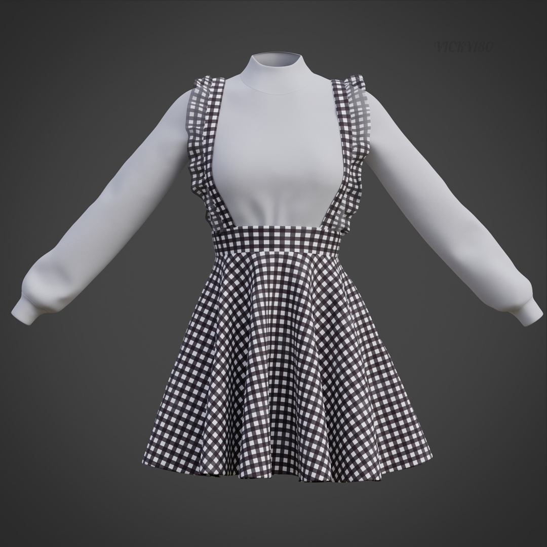 3D Model Check Pinafore Dress And Sweater - Jumper Cloth 3D Model ...