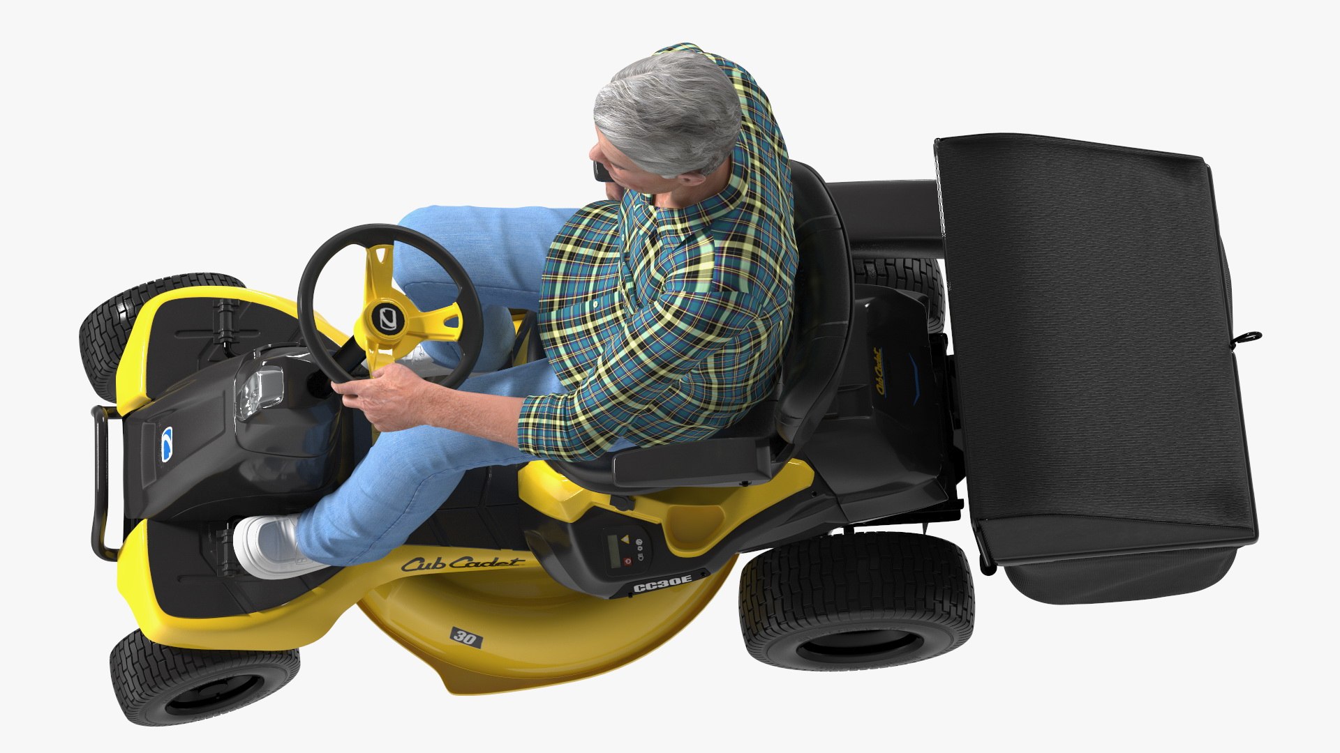 Man on Riding Lawn Mower with Bagger Cub Cadet CC30E Rigged for Maya 3D ...