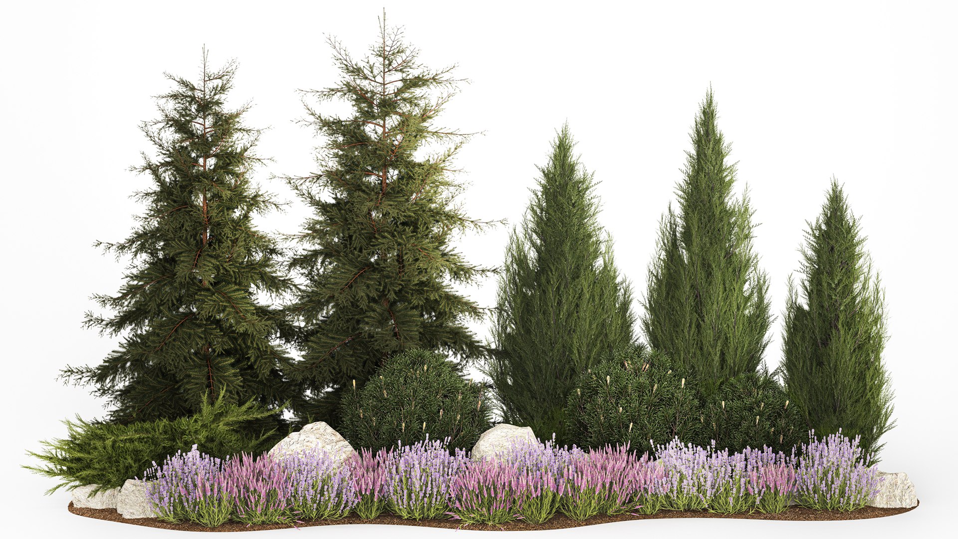 3D Model Alpine Hill Fir Tree Thuja Juniper And Lavender Bushes 1206 - TurboSquid 2032749