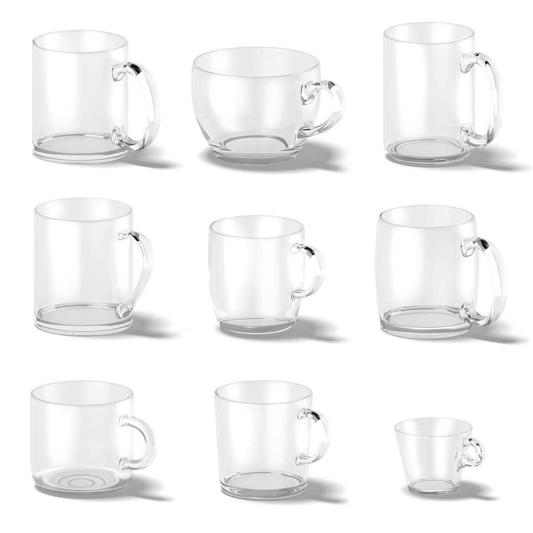 9 Glass Mug Shapes - Transparent Mugs Various Forms And Sizes 3D Model ...