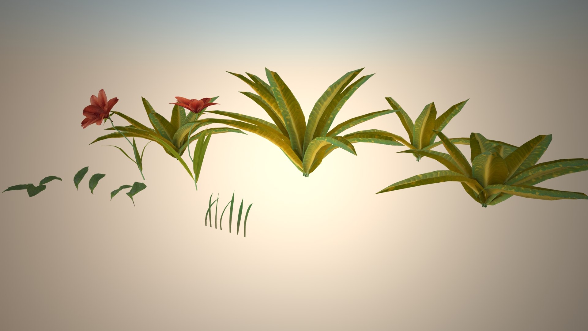 3d Model Vegetation Red Flower Grass Plant