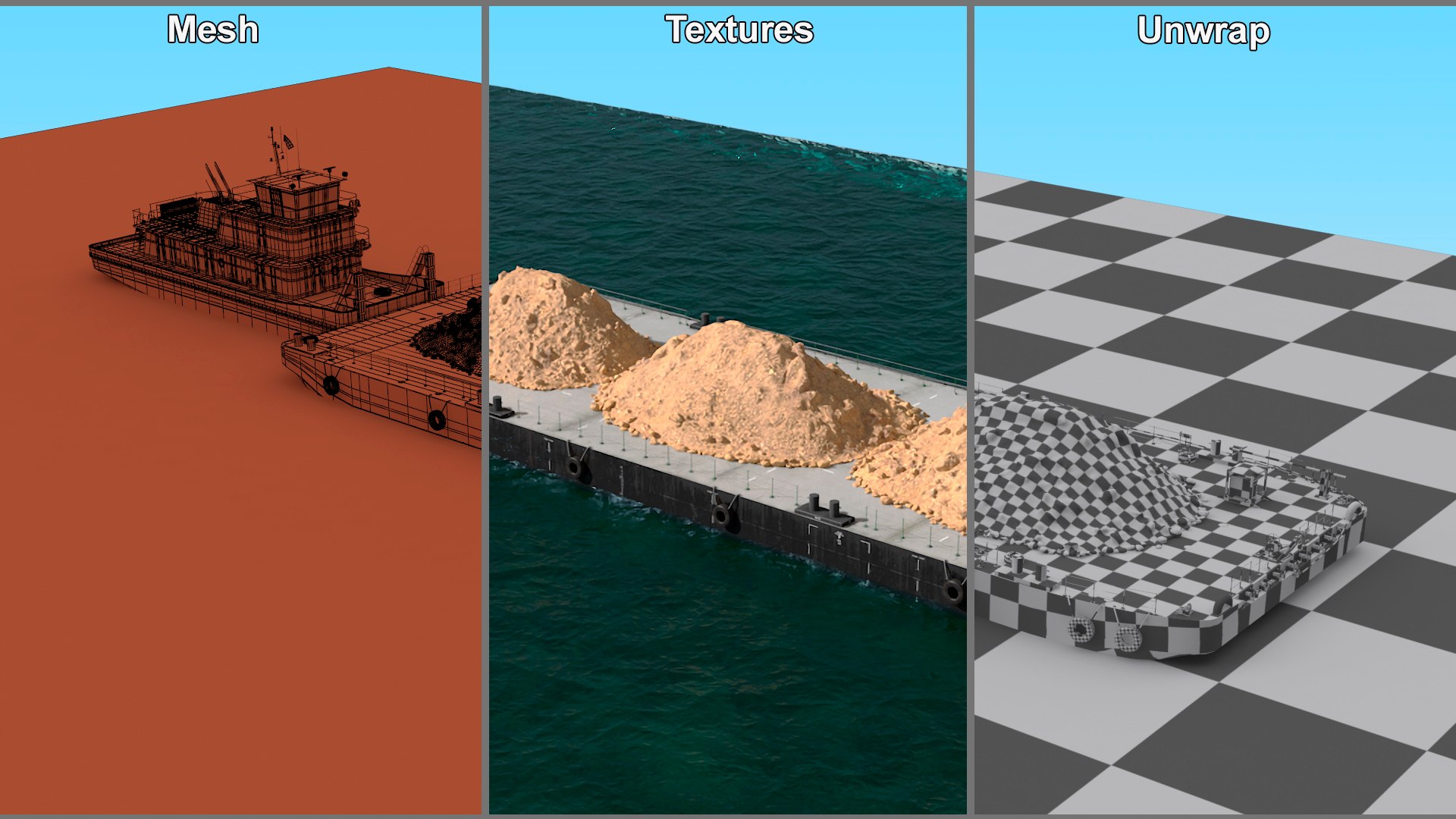 Push Boat Ship With Pontoon Barge With Sand On Water 3D Model ...