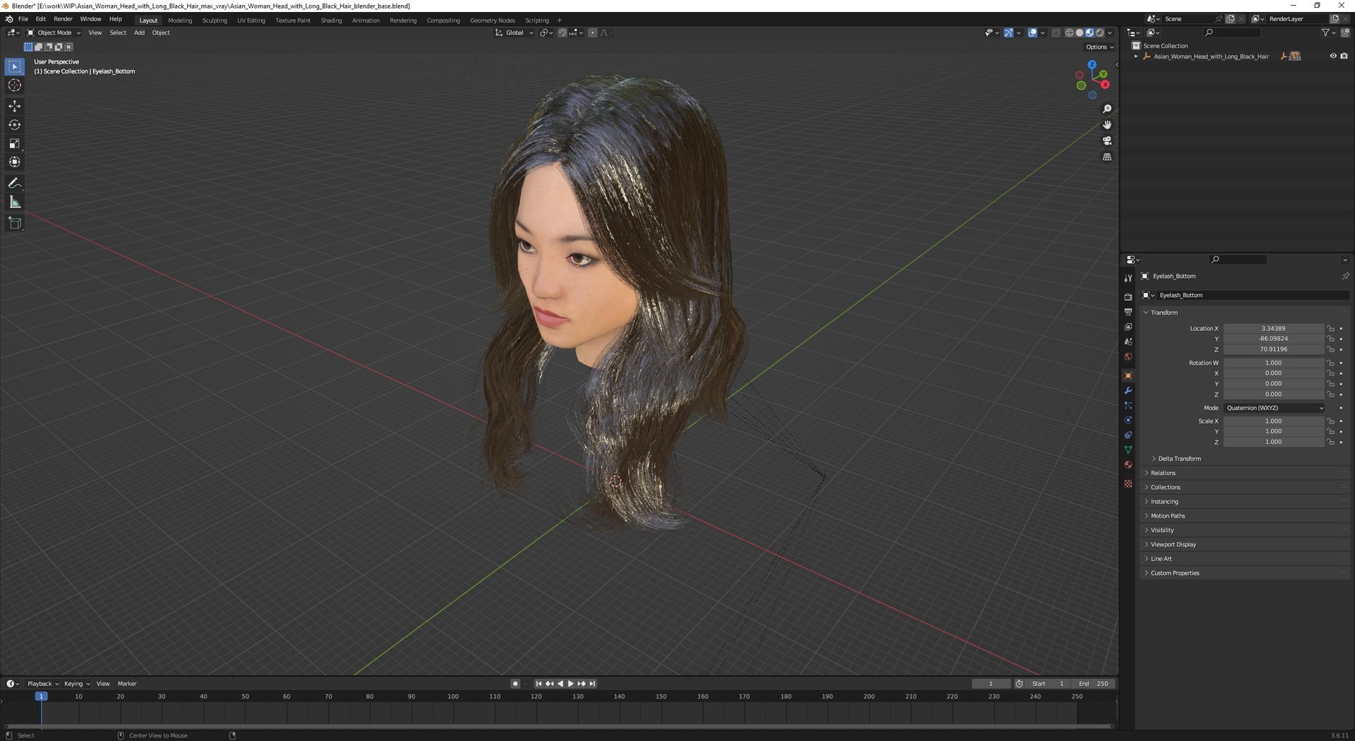 3D Model Asian Woman Head With Long Black Hair - TurboSquid 2367688