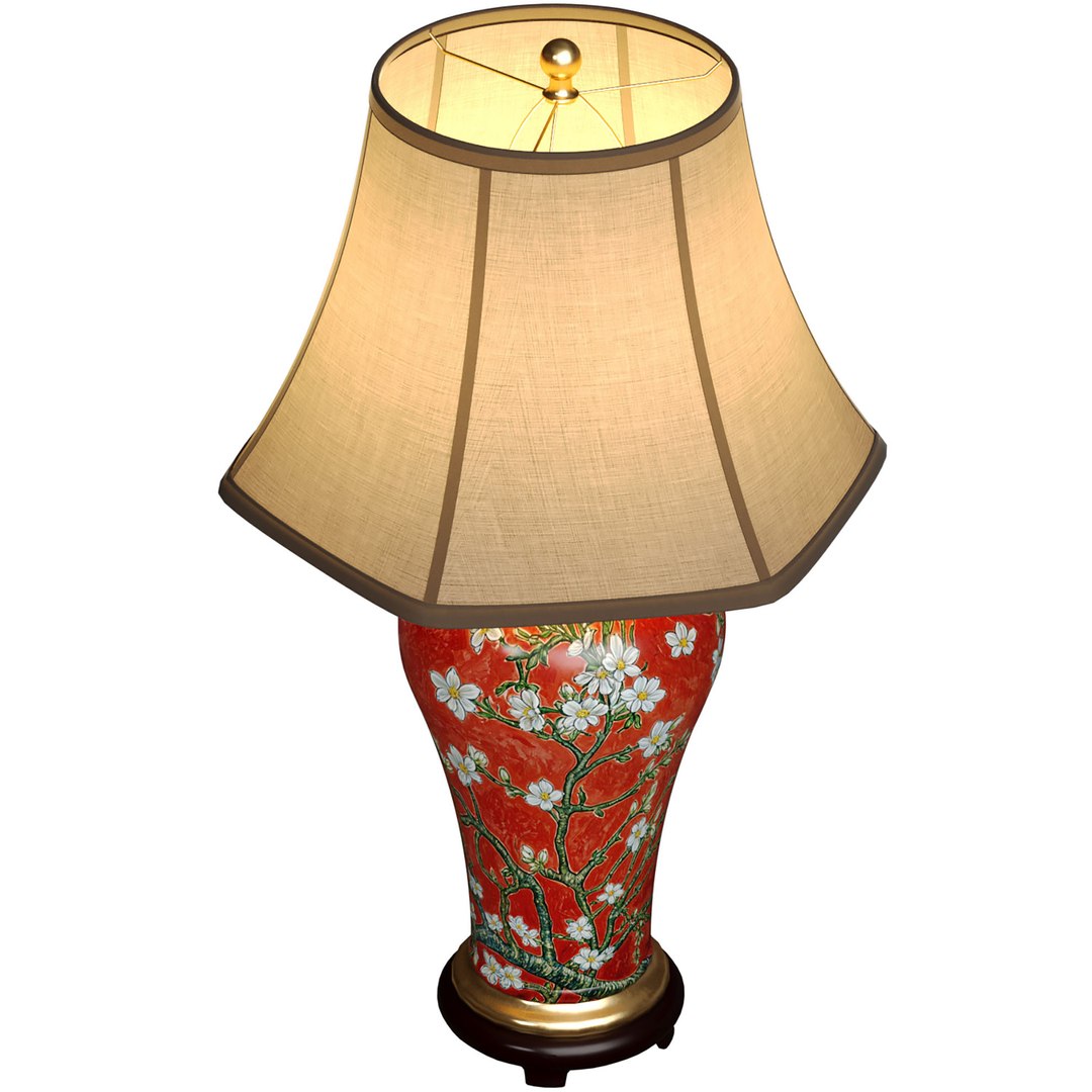 Large Oriental Painted Red Ceramic Nightstand Chinese Table Lamp 3D ...