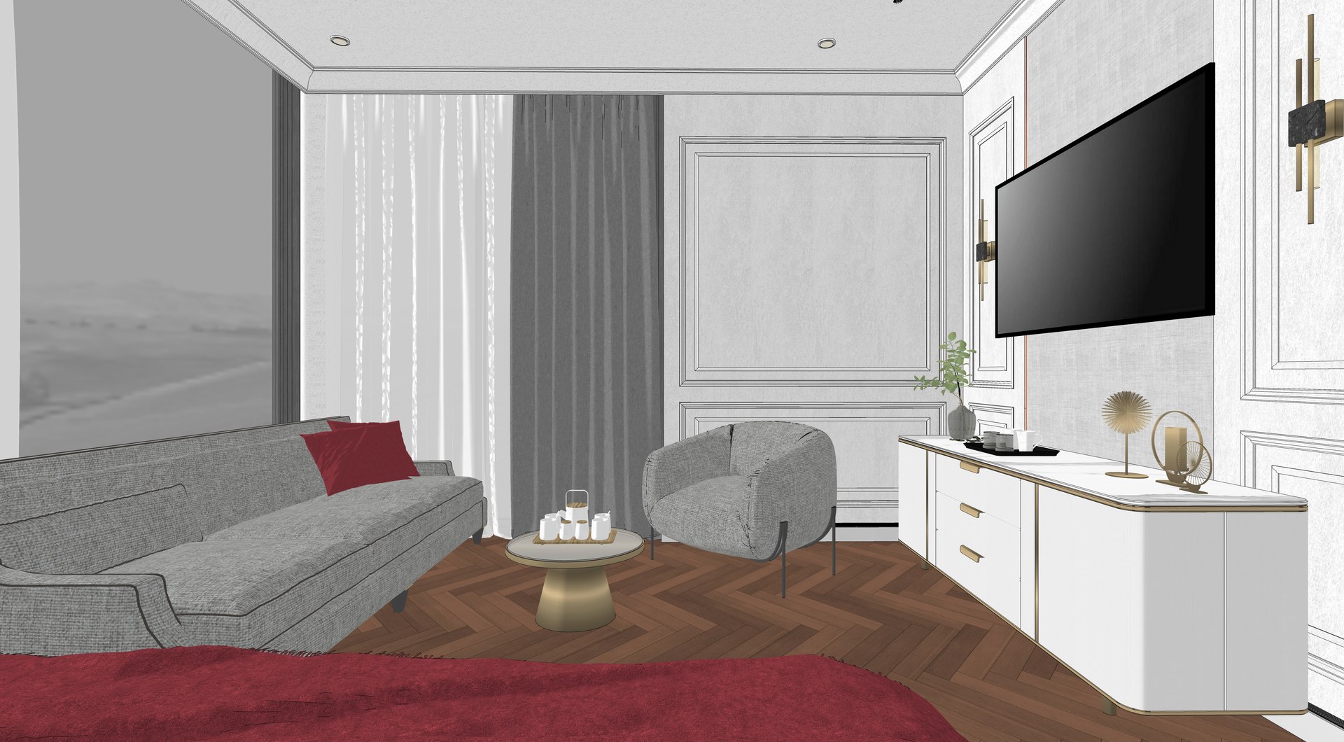 3D Hill House Interior Scene Bed Room Neoclassical Interior Design 3D ...