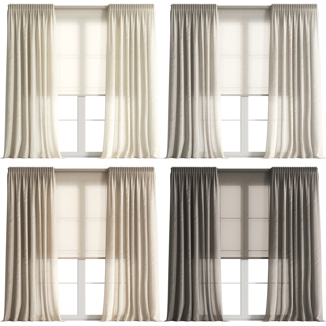 Linen Curtain With Roller Blind Set 03 3D Model - TurboSquid 2358619