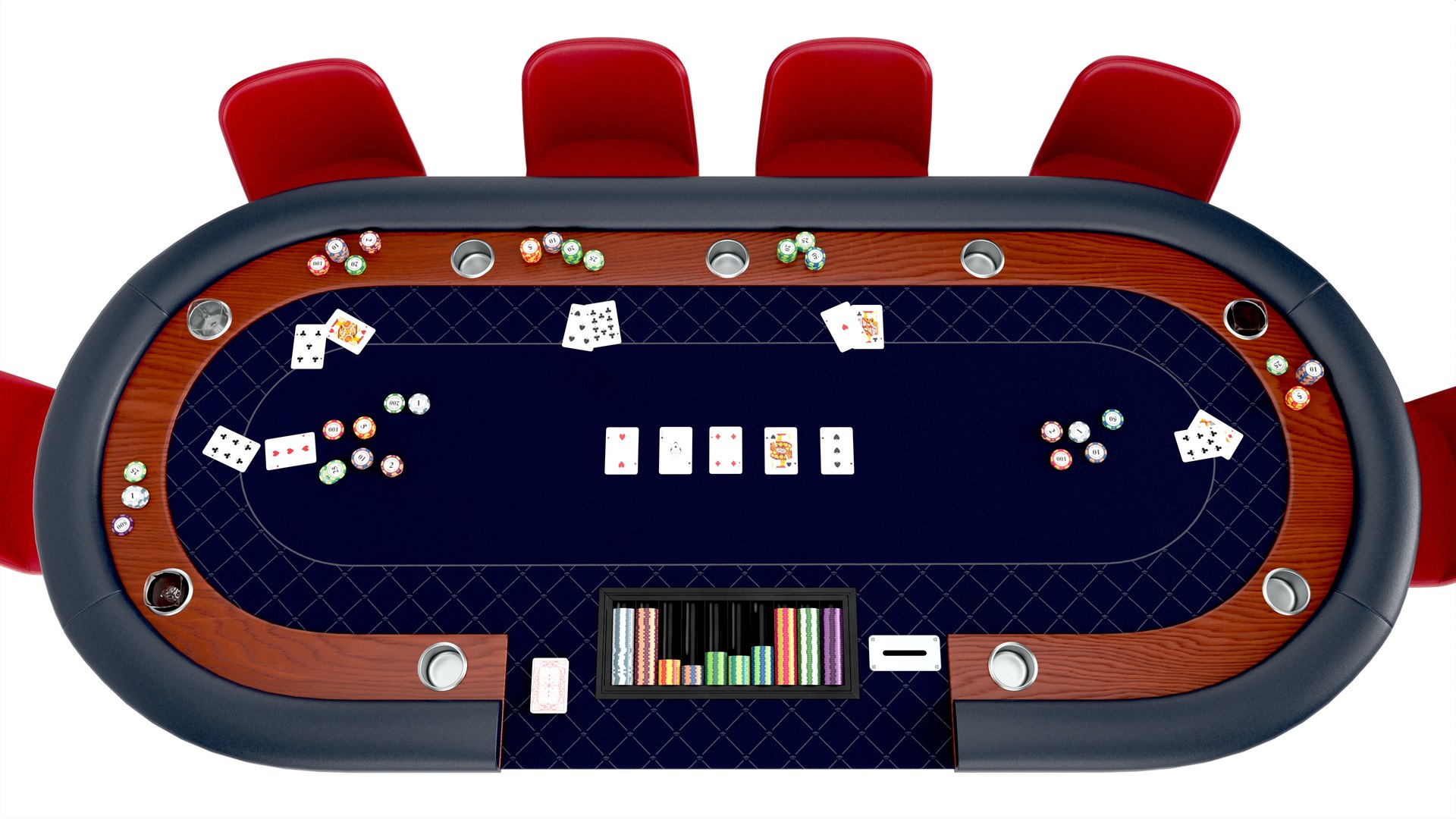3D Poker Table Rectangular Curved Corners Full Set With Chairs Model ...