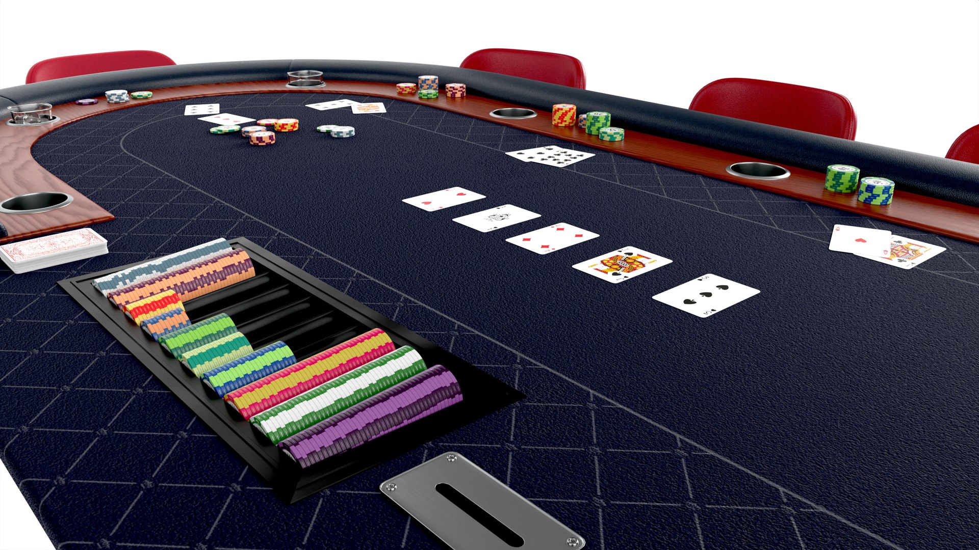3D Poker Table Rectangular Curved Corners Full Set With Chairs Model ...
