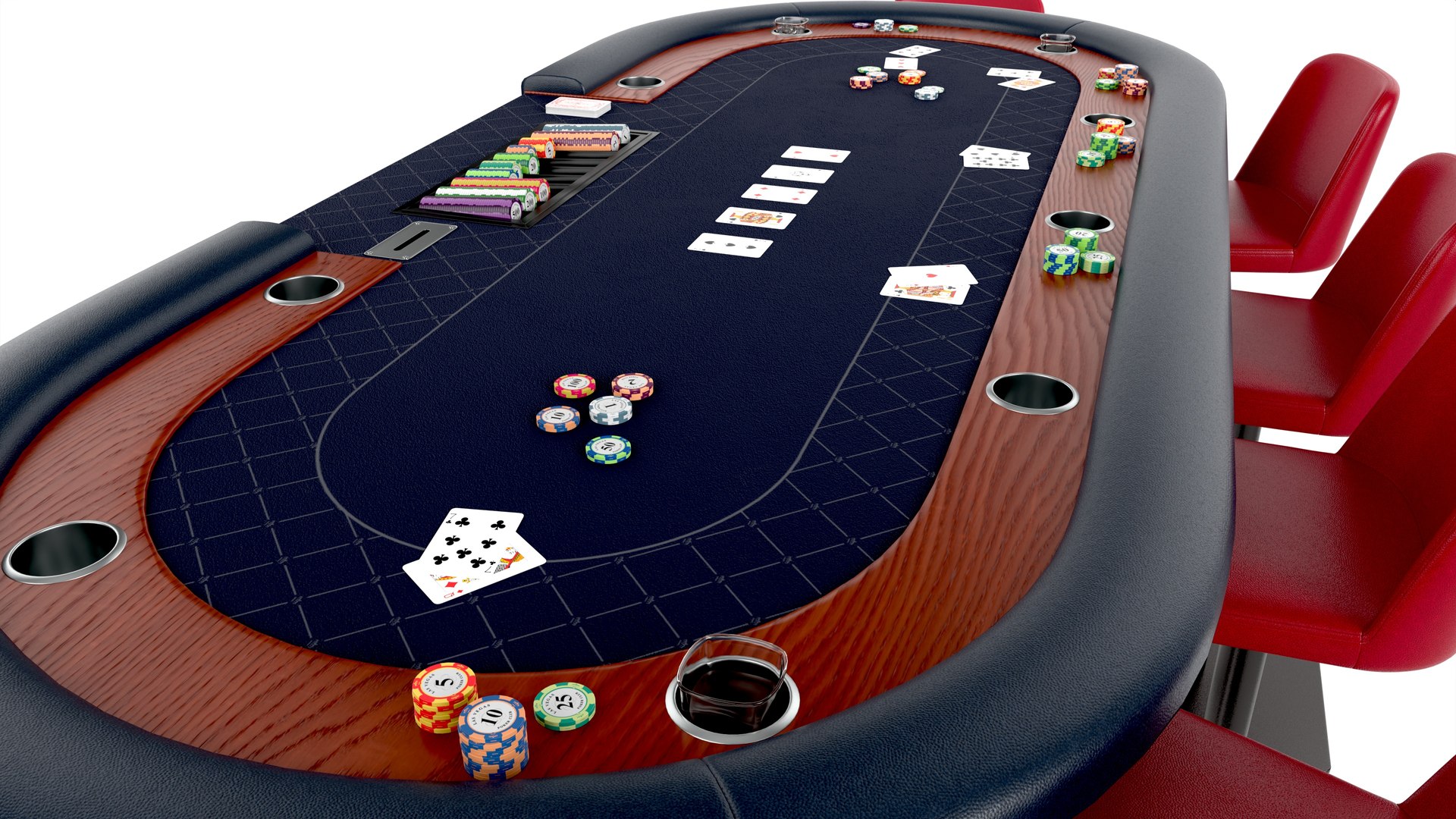 3D Poker Table Rectangular Curved Corners Full Set With Chairs Model ...