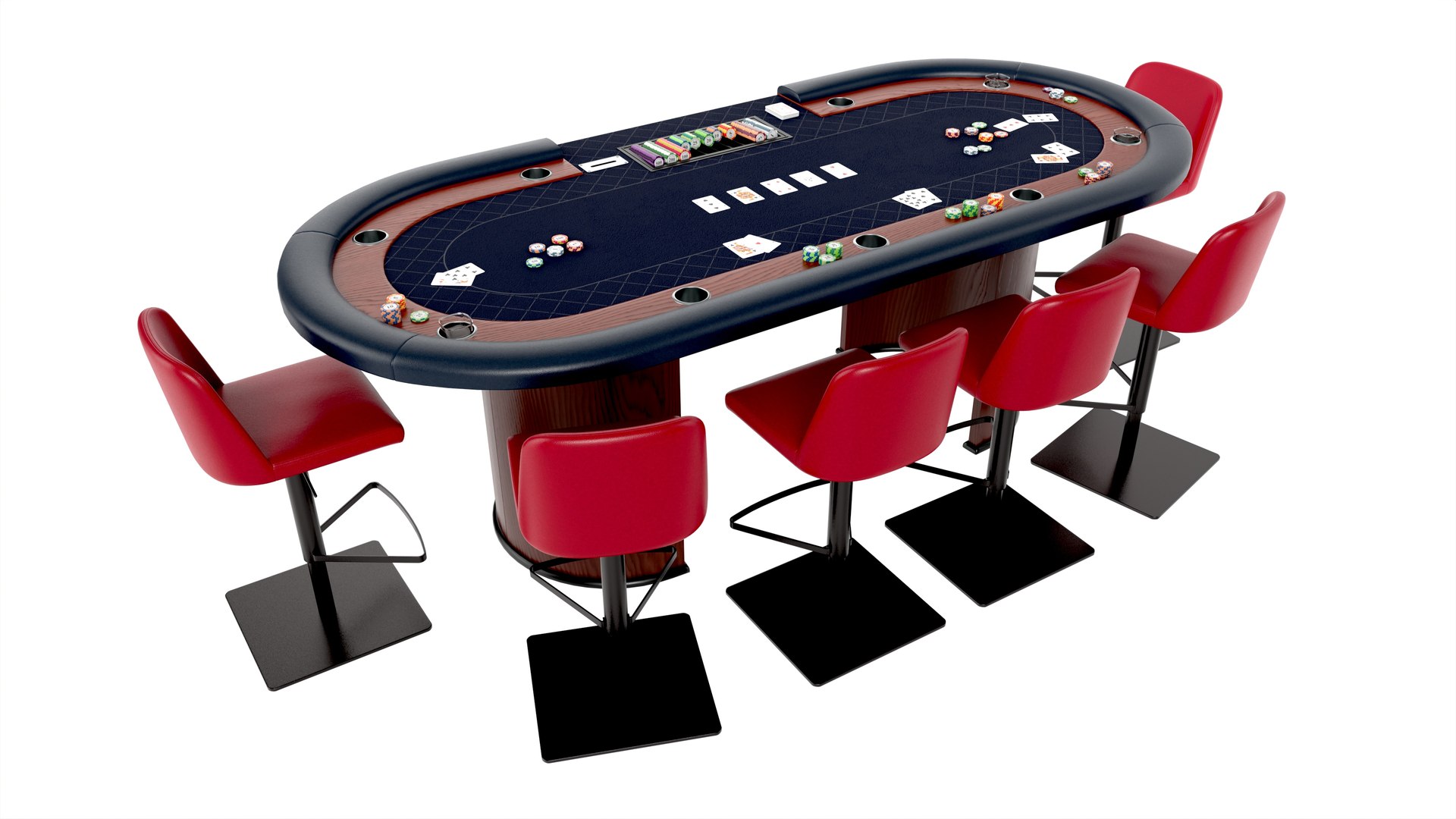 3D Poker Table Rectangular Curved Corners Full Set With Chairs Model ...