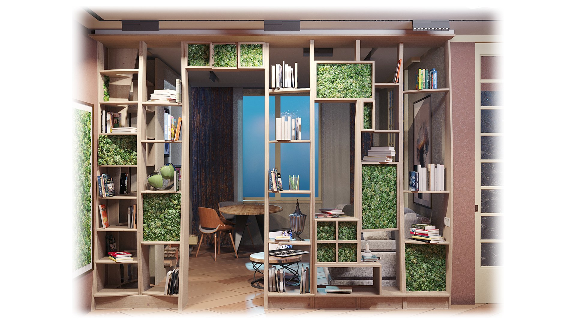 3D Wooden Bookcase With Moss Inserts - TurboSquid 2197979