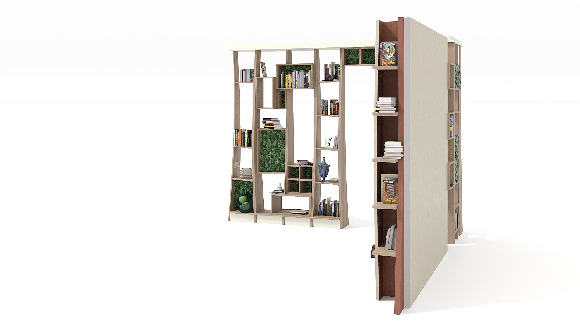3D Wooden Bookcase With Moss Inserts - TurboSquid 2197979