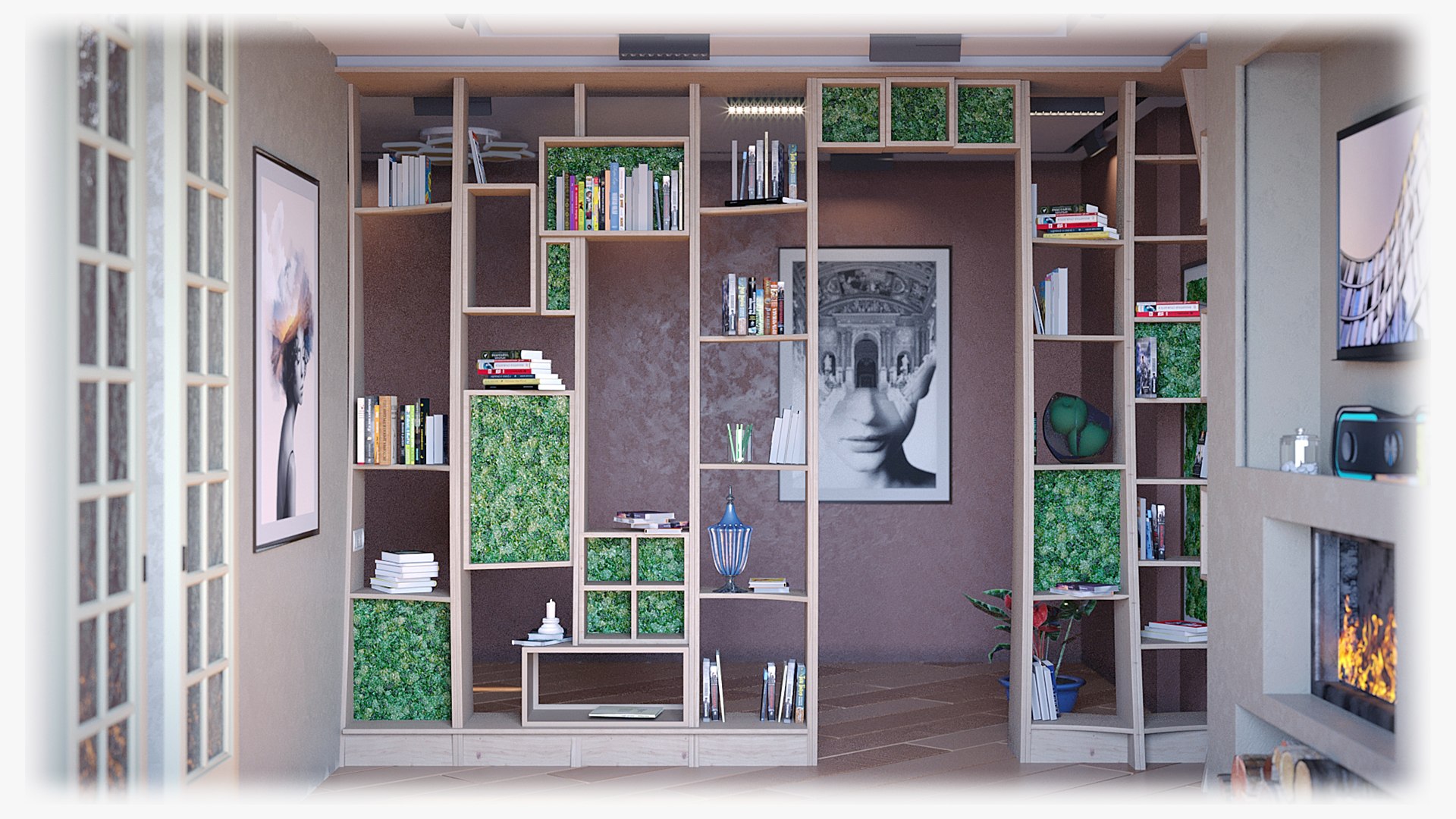 3D Wooden Bookcase With Moss Inserts - TurboSquid 2197979