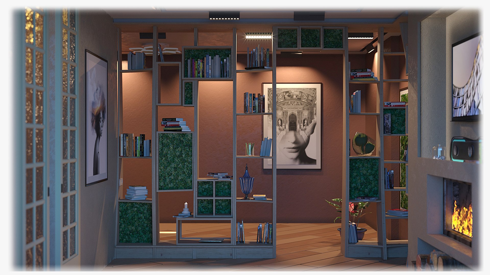 3D Wooden Bookcase With Moss Inserts - TurboSquid 2197979