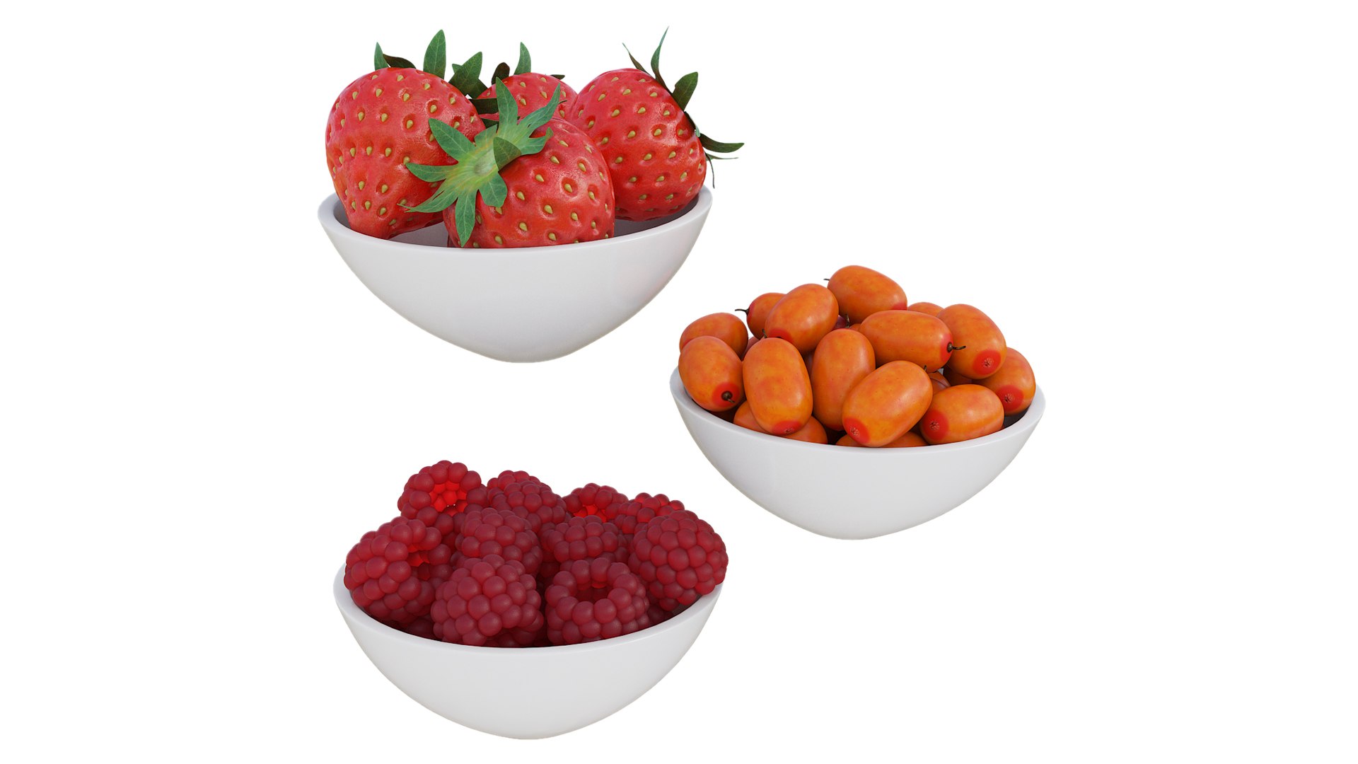 3D Berries In White Bowls Model - TurboSquid 1976397