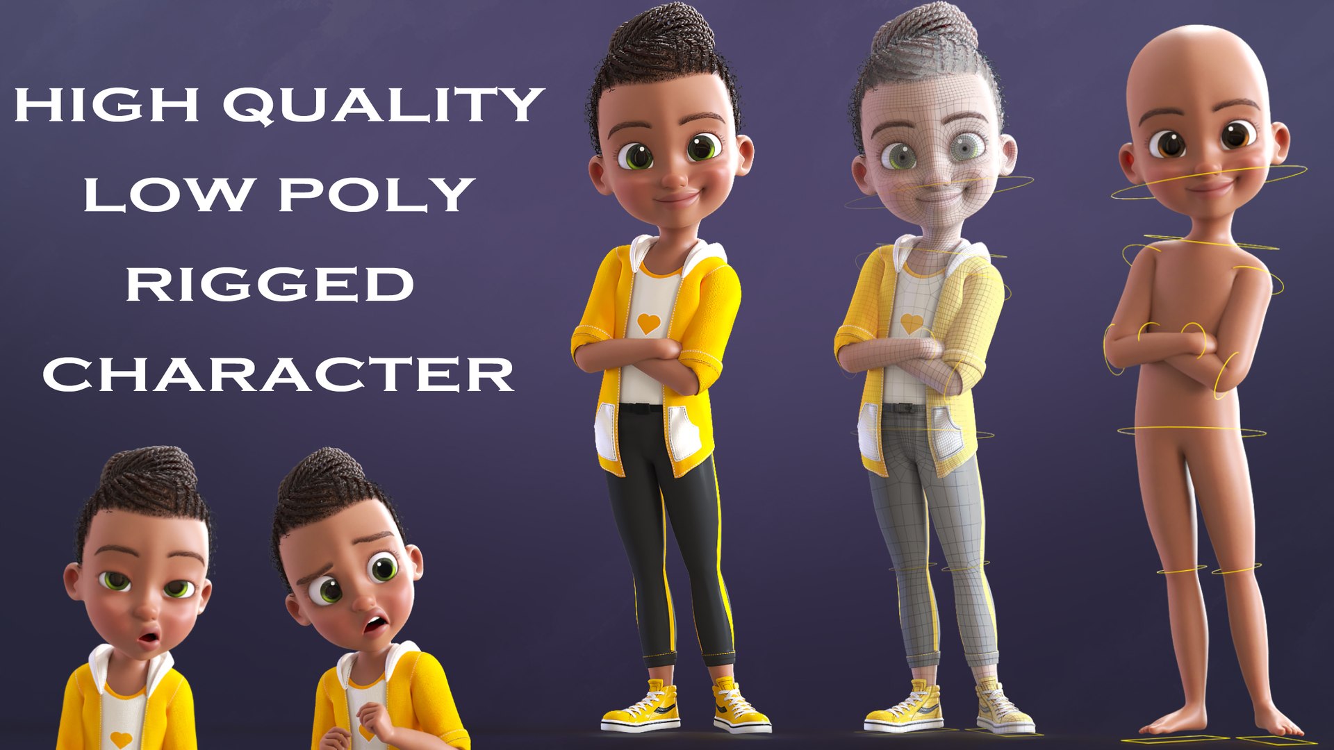 Cartoon Afro Girl 2 - Toon Rigged Child Character Maya Version 3D model ...