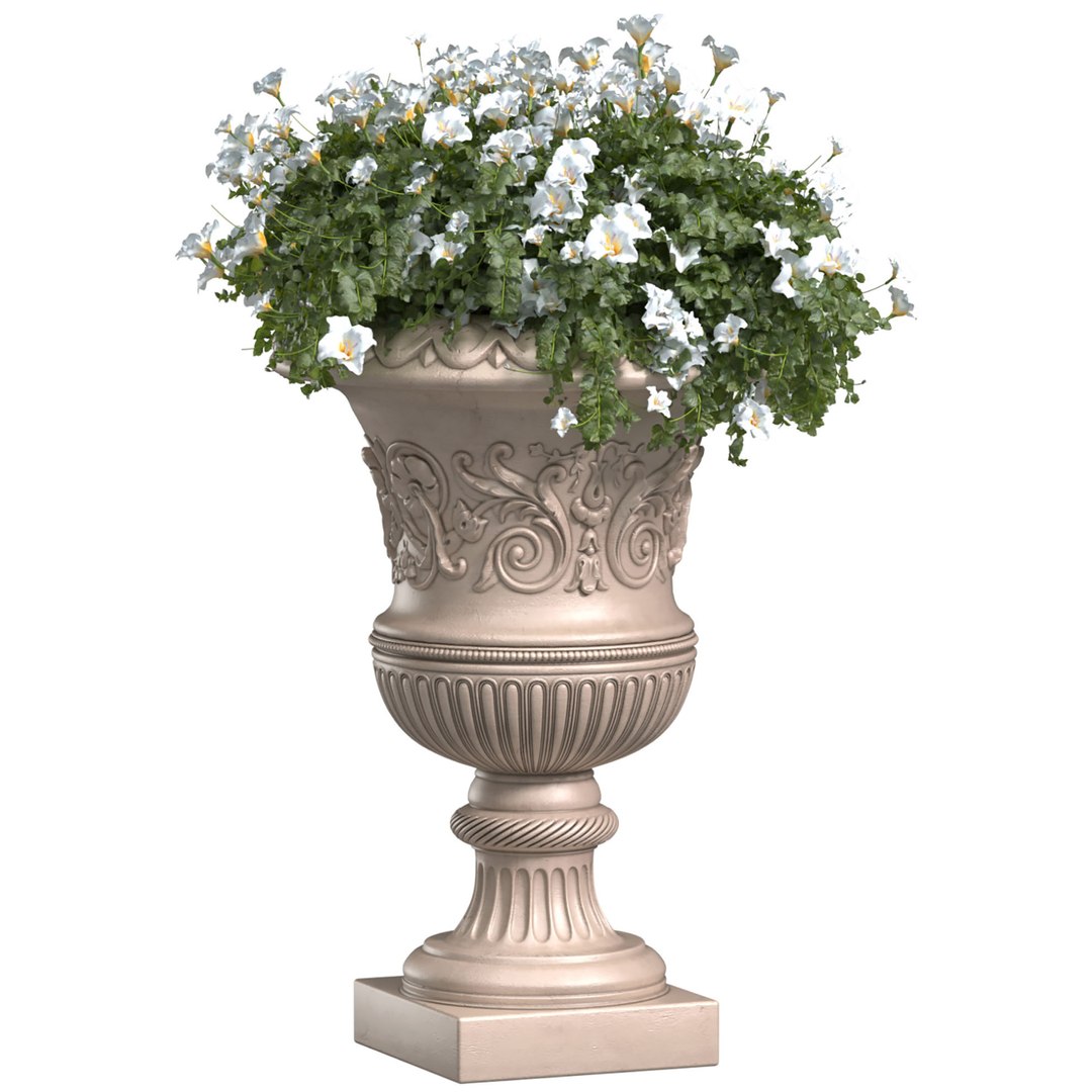 3D White flowers in a classic vase for decorating the facade model ...