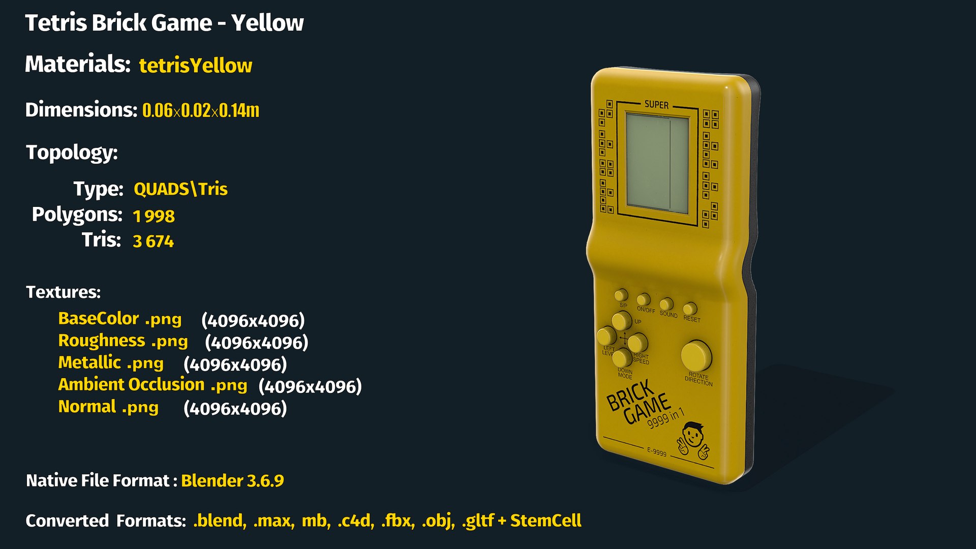 Tetris Brick Game - Yellow Model - TurboSquid 2238639