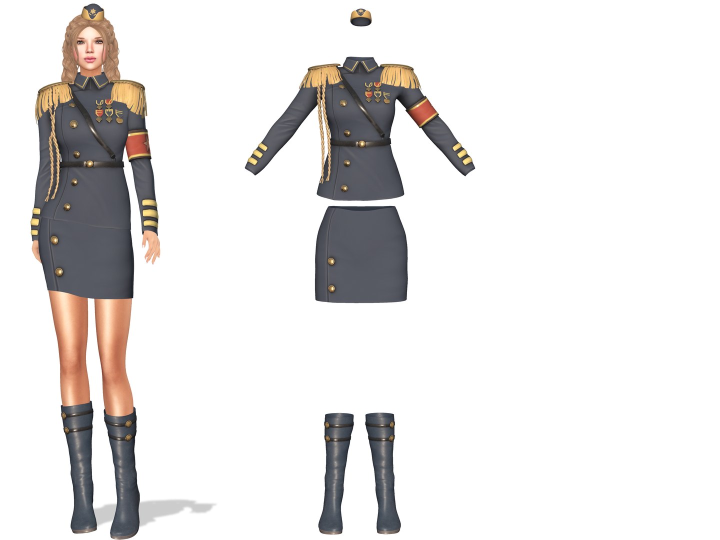 3D Female Navy Blue Full Ranked Skirt Uniform Model - TurboSquid 1892460