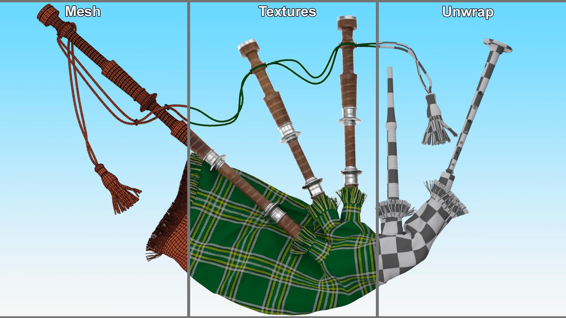 3D Scottish Bagpipes Instrument Green - TurboSquid 2230760
