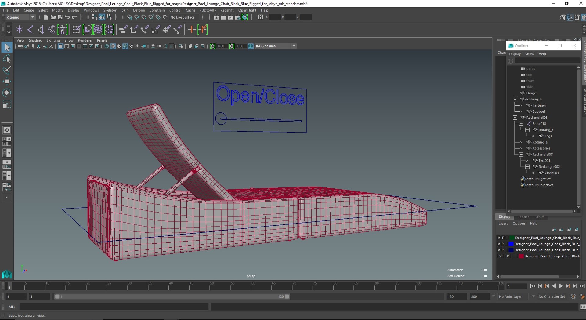 3D Designer Pool Lounge Chair Black Blue Rigged for Maya model ...