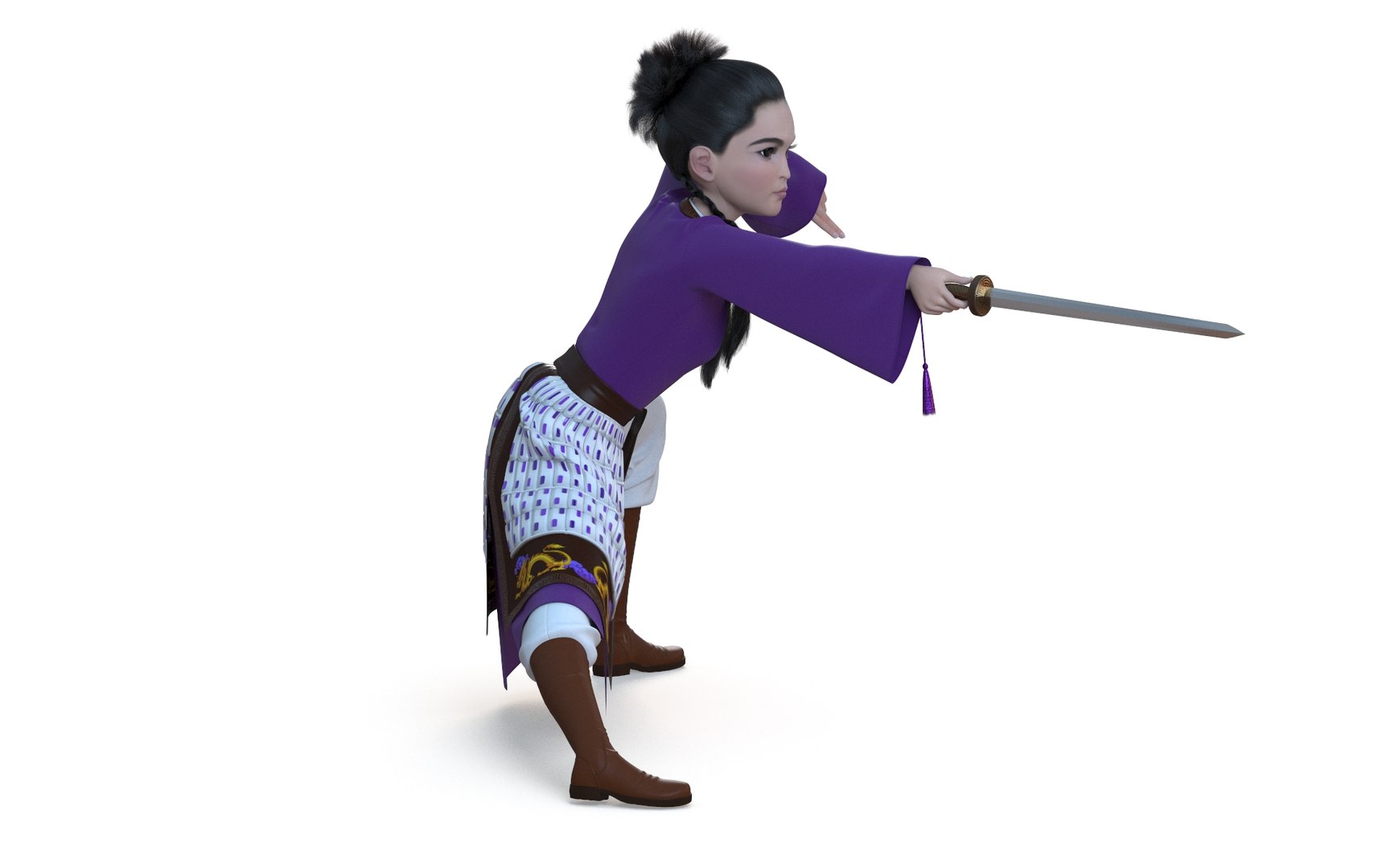 Cartoon Girl Asian Warrior Fighting Sword Model - TurboSquid 2271917