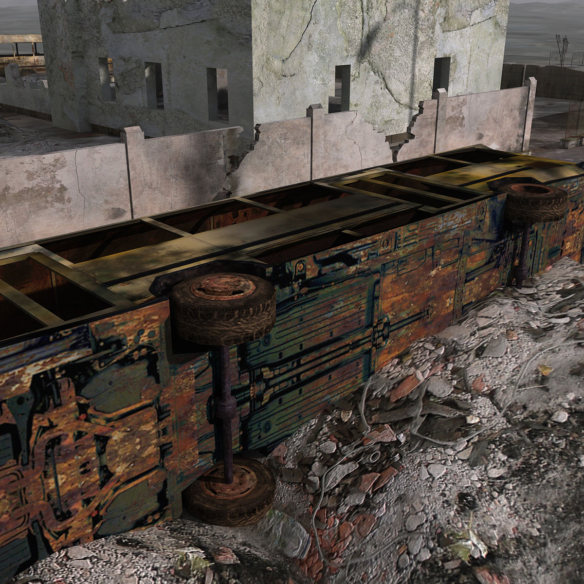 3d model of ruined buildings destroyed city