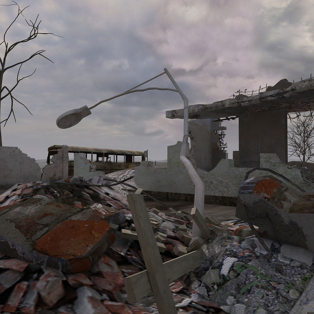 3d model of ruined buildings destroyed city