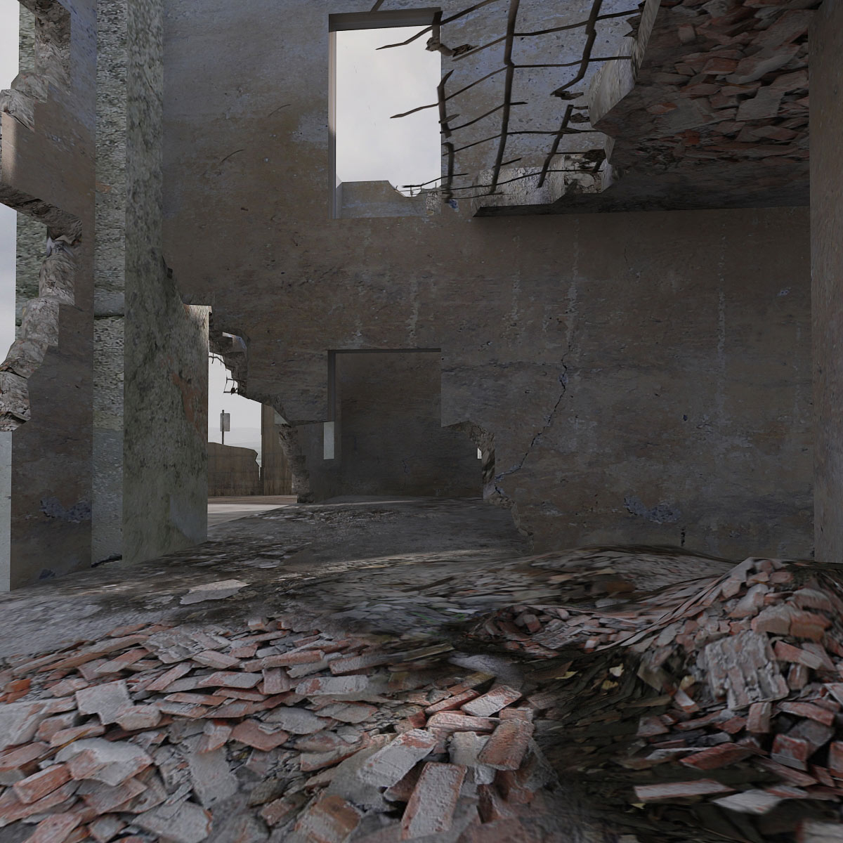 3d model of ruined buildings destroyed city