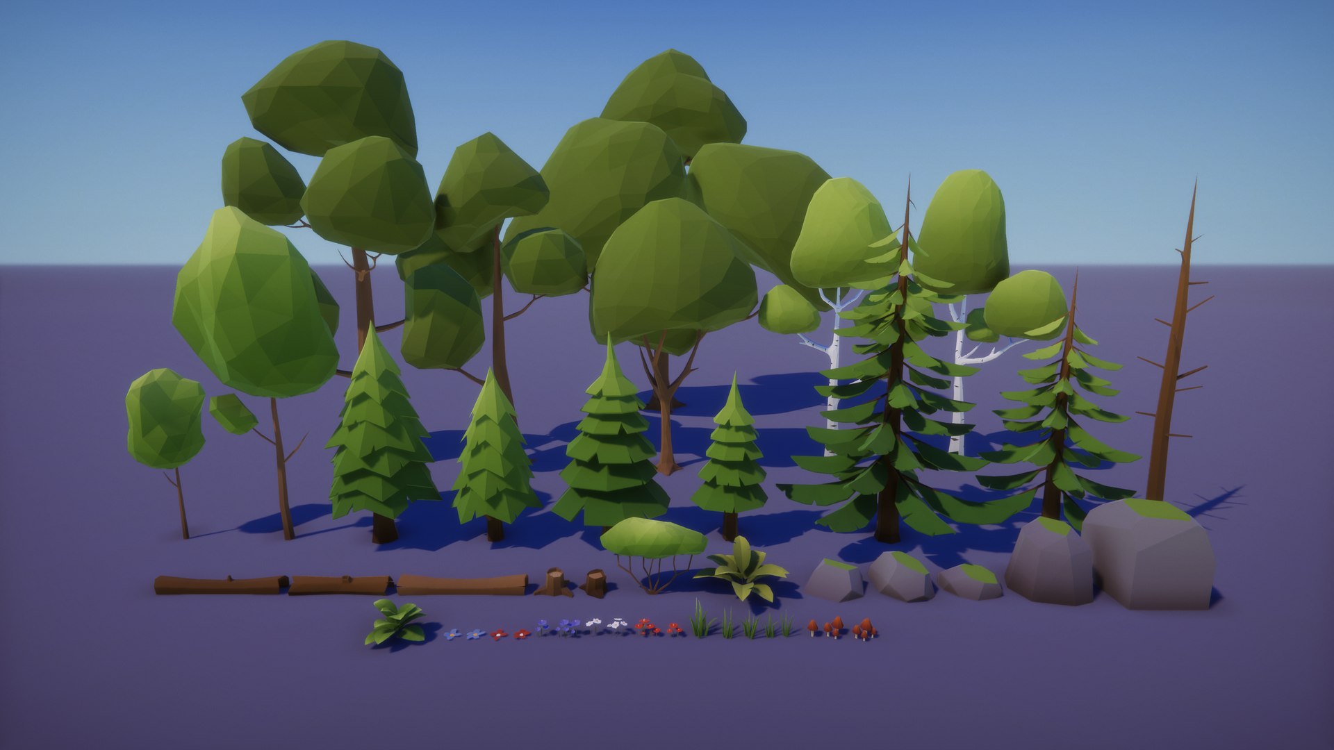 3D Low Poly Nature - 4 Seasons Trees Grass Rocks Terrian Plants Model ...