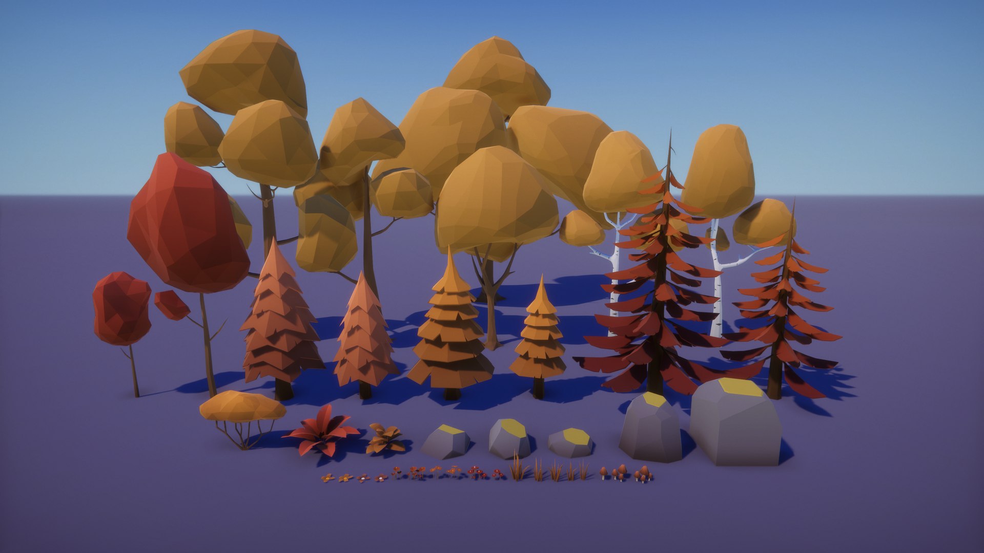 3D Low Poly Nature - 4 Seasons Trees Grass Rocks Terrian Plants Model ...