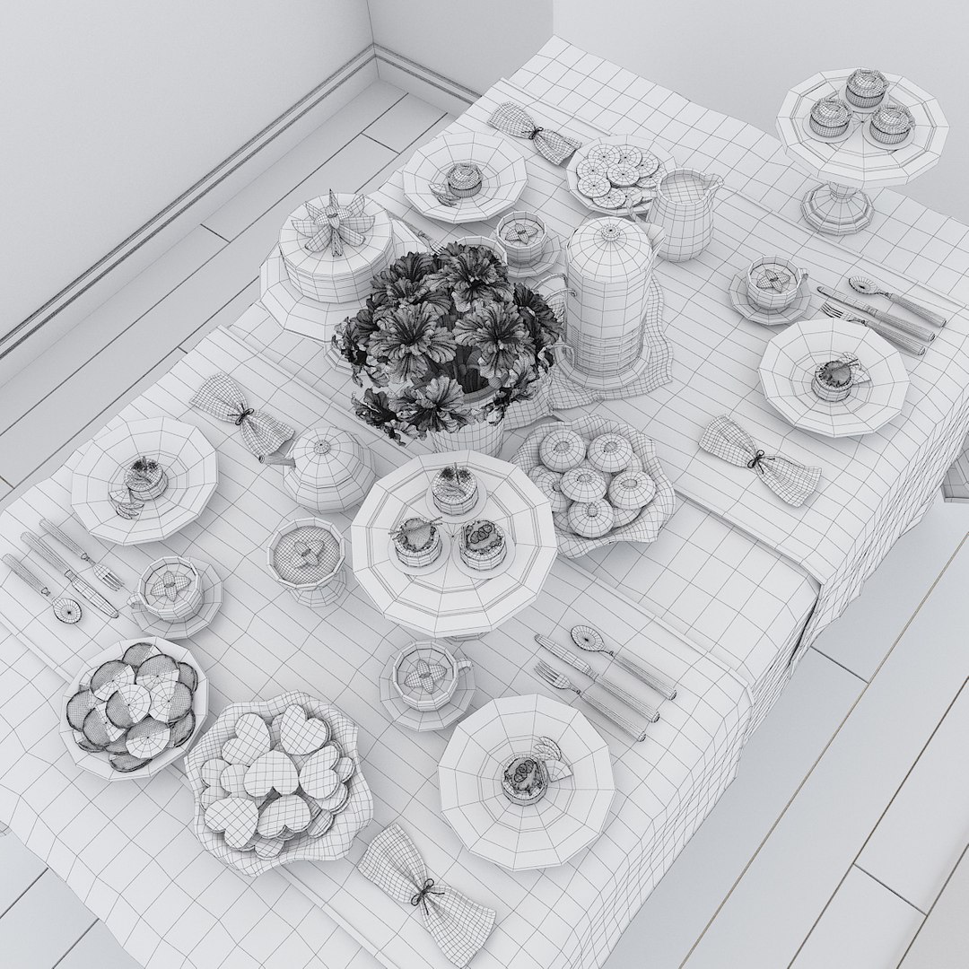 3D Table Setting With Irises And Orange Sweets Model - TurboSquid 1906917