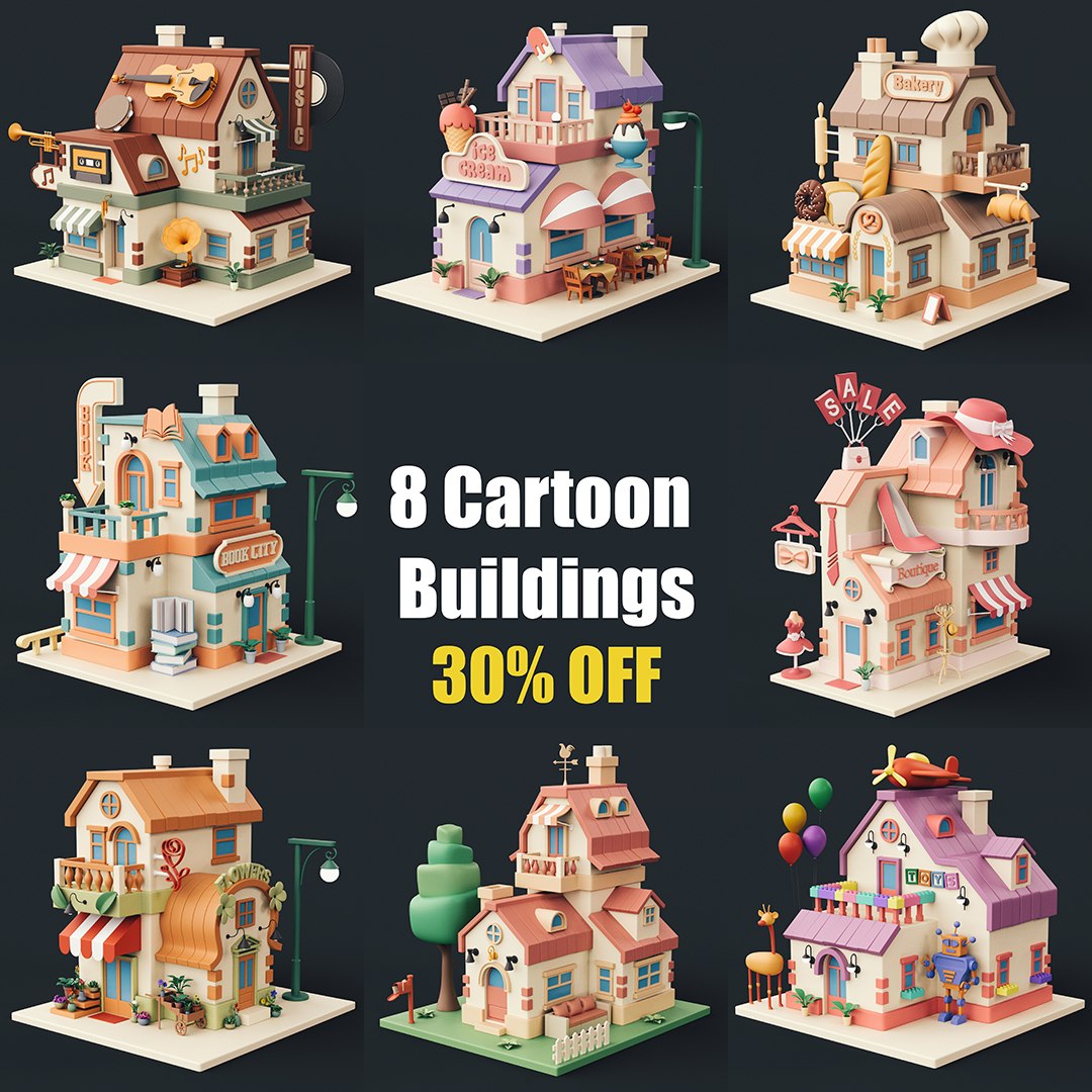 3D 8 Cartoon Buildings Collection - TurboSquid 1957639